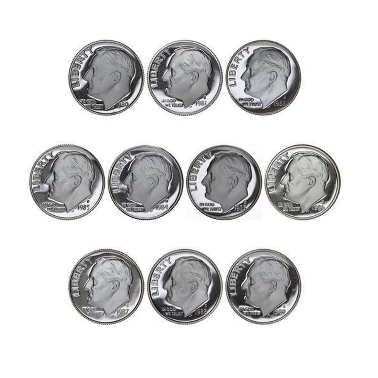 1980-1989 S Proof Roosevelt Dime Run Gem DCAM CN-Clad 10 coins at ...