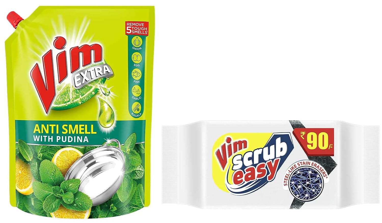Vim Dishwash Anti Smell Liquid, Pudina, 2 Ltr + Vim Scrubber Pack of 5 ...
