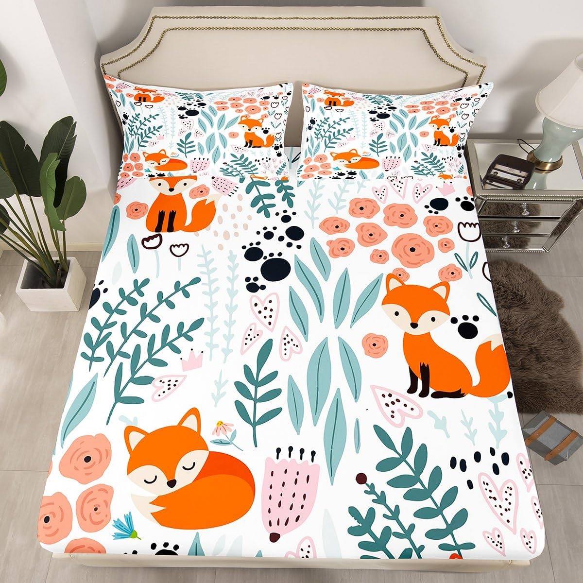 Amazon.com: Erosebridal Kawaii Fox Fitted Sheet,Cartoon Fox Bedding Set ...
