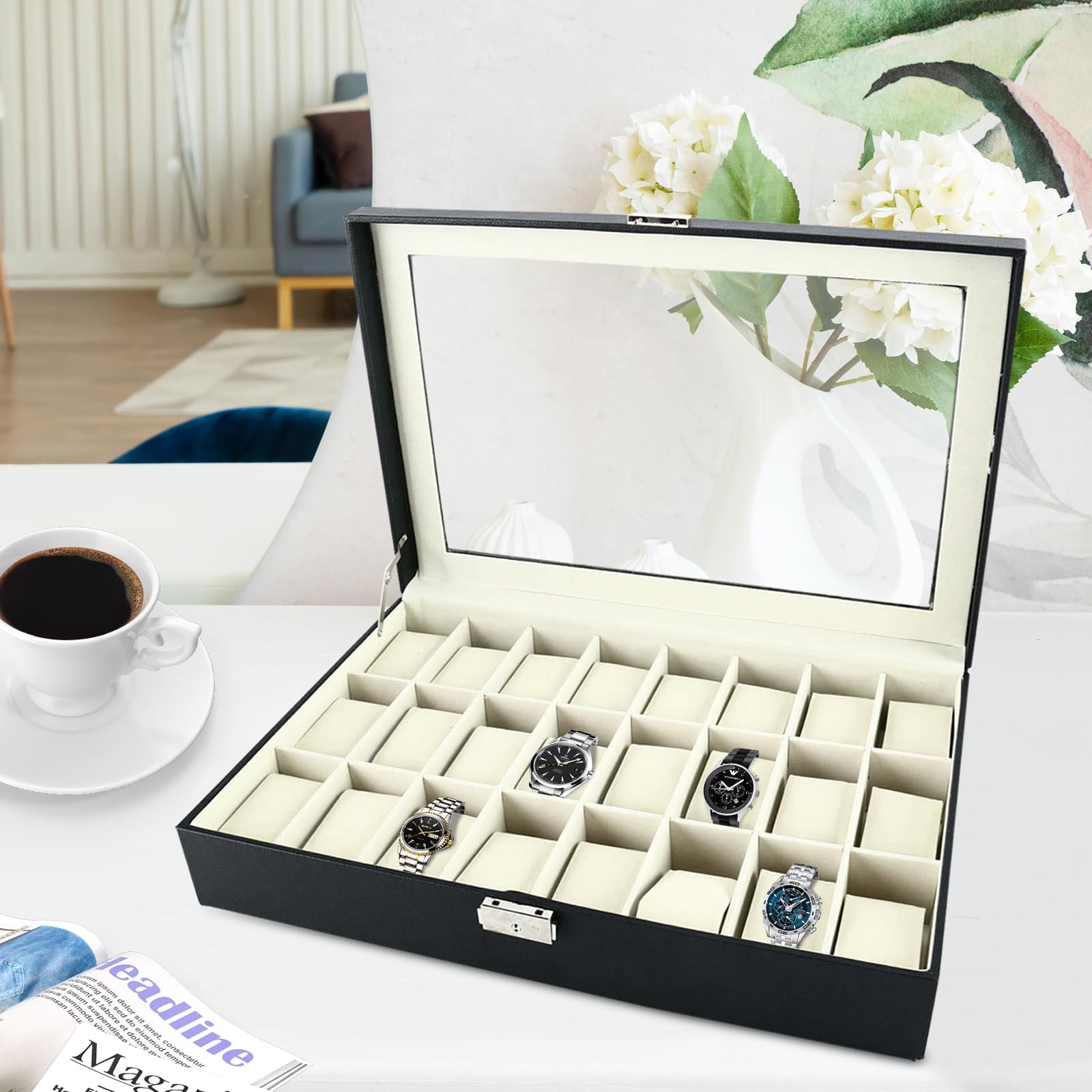 Amazon.com: Watch Box 24 Slot Elegant Portable Black Watch Collection ...