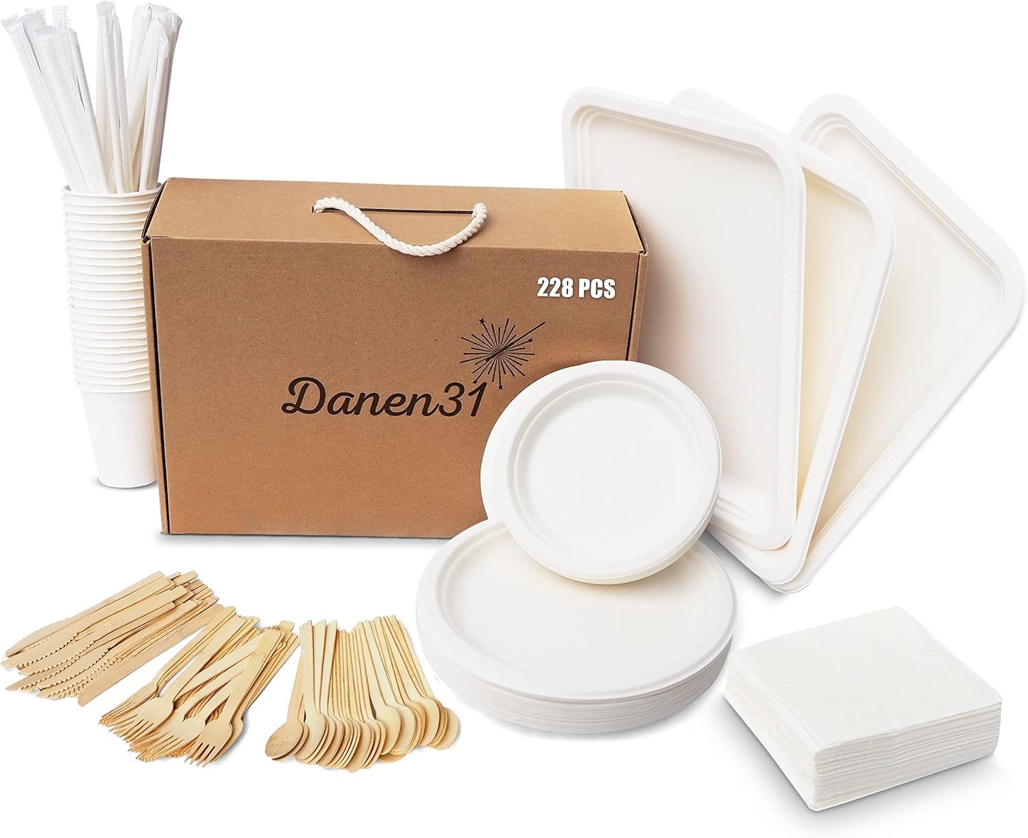 Danen31, Vaisselle Jetable Biodégradable en Canne à Sucre 228Pcs ...
