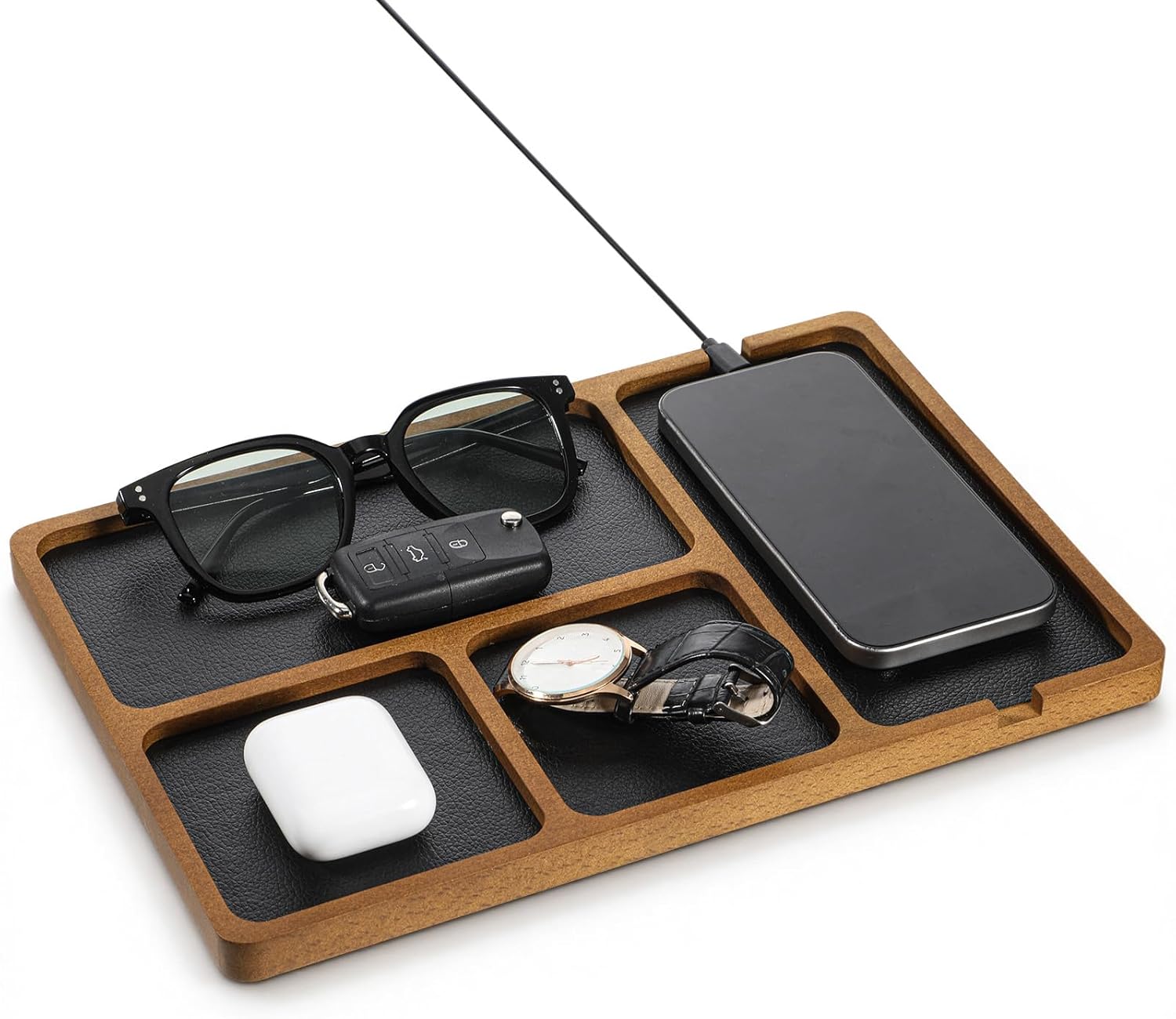 Amazon.com: IANFAN Walnut Wooden Valet Tray for Men, PU Leather Inlay ...
