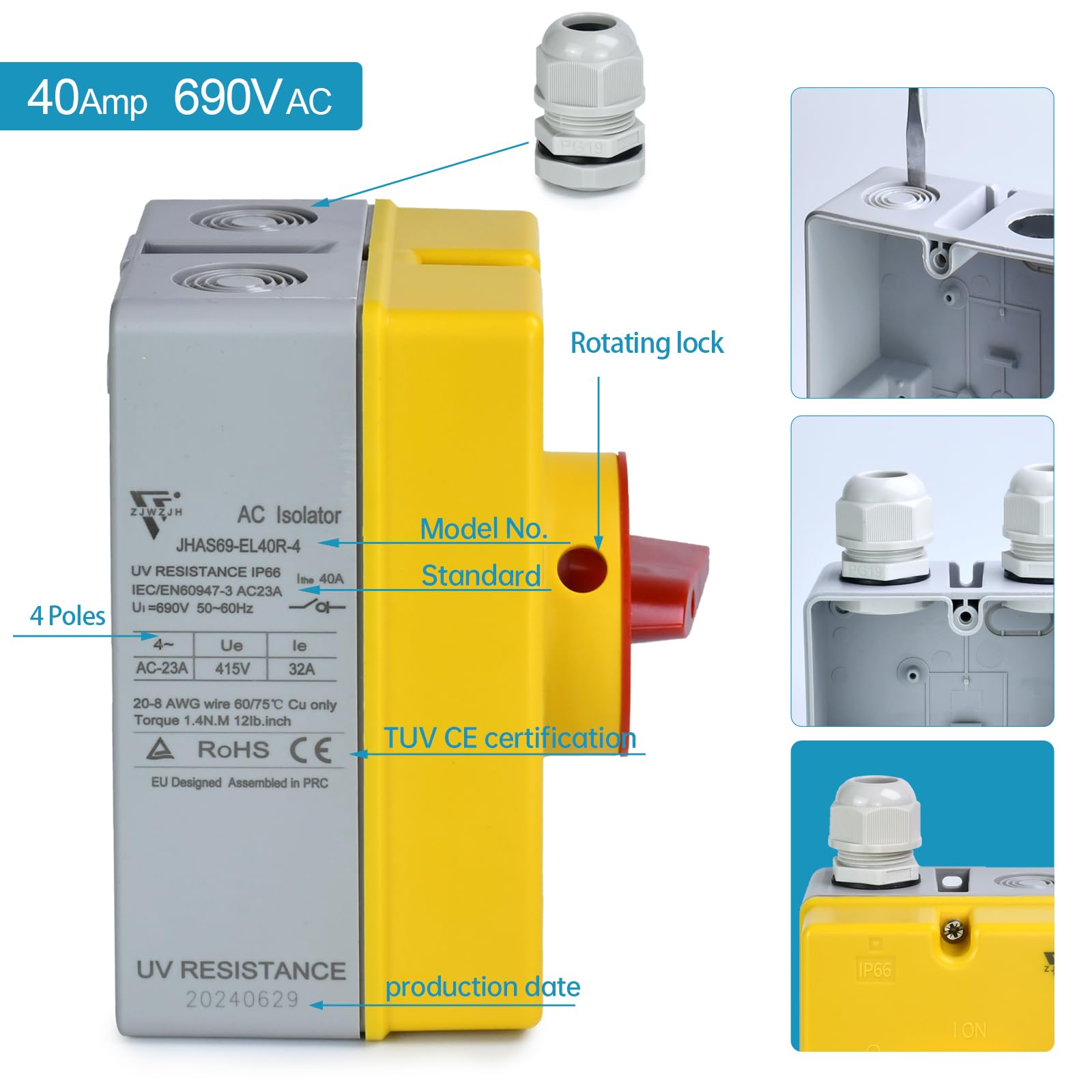 Snapklik.com : 40Amp AC Isolator Solar Switch 4 Pole 2 Positions IP66 ...