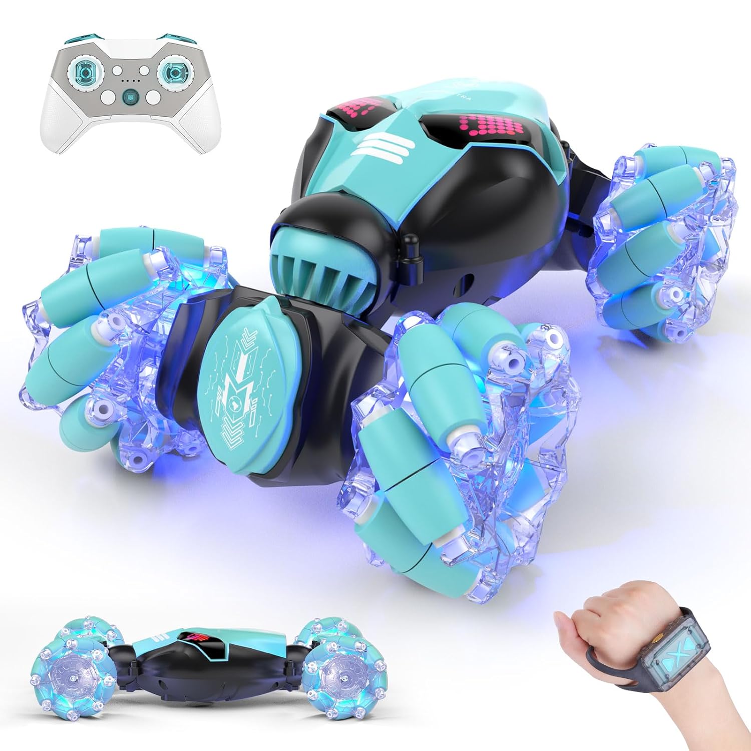 Powerextra LED Gesture RC Car, 4WD Hand Controlled Sensor RC Stunt Car ...