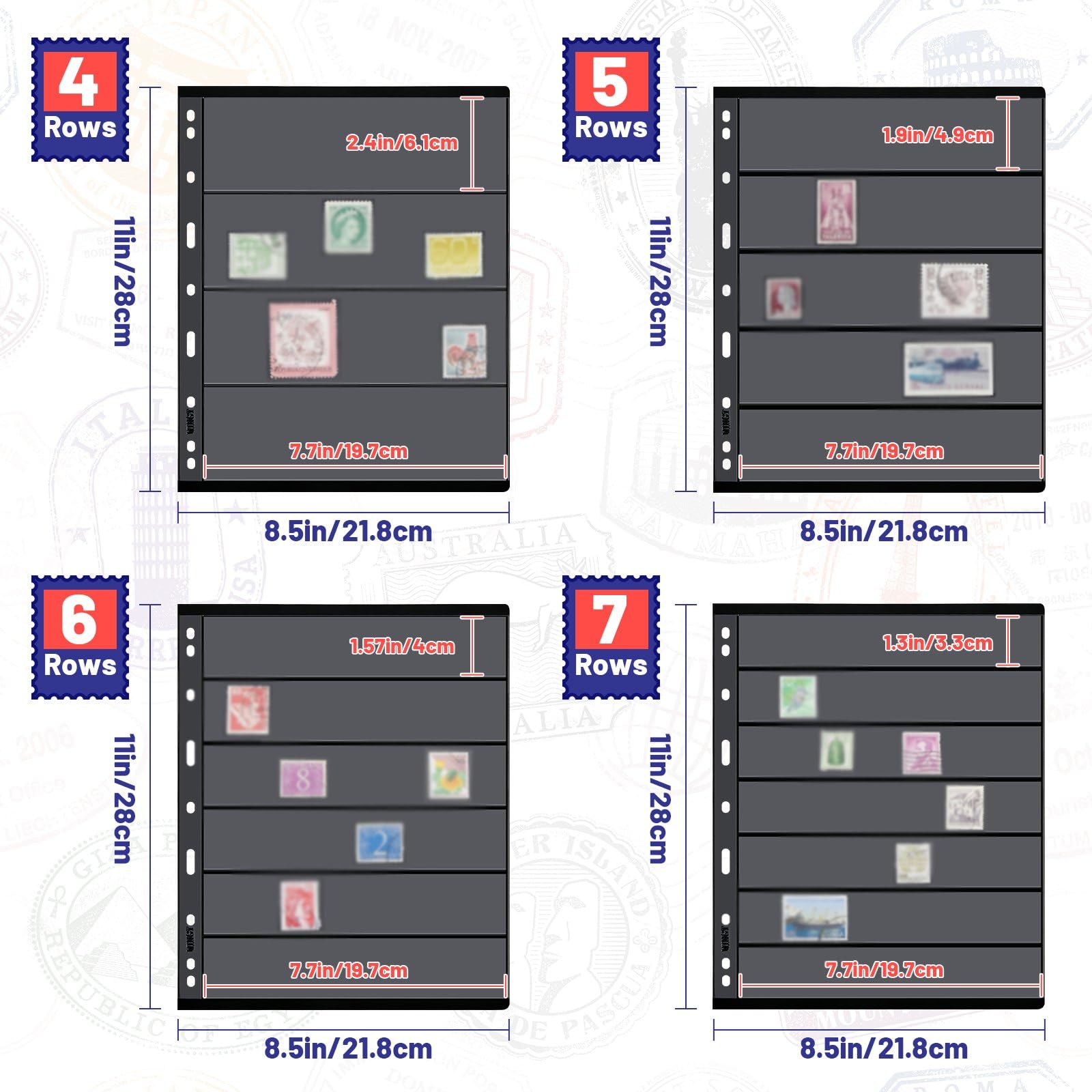 Stamp Album Pages 20 Sheet Stamp Collection Pages - 3 Row Black Pages ...