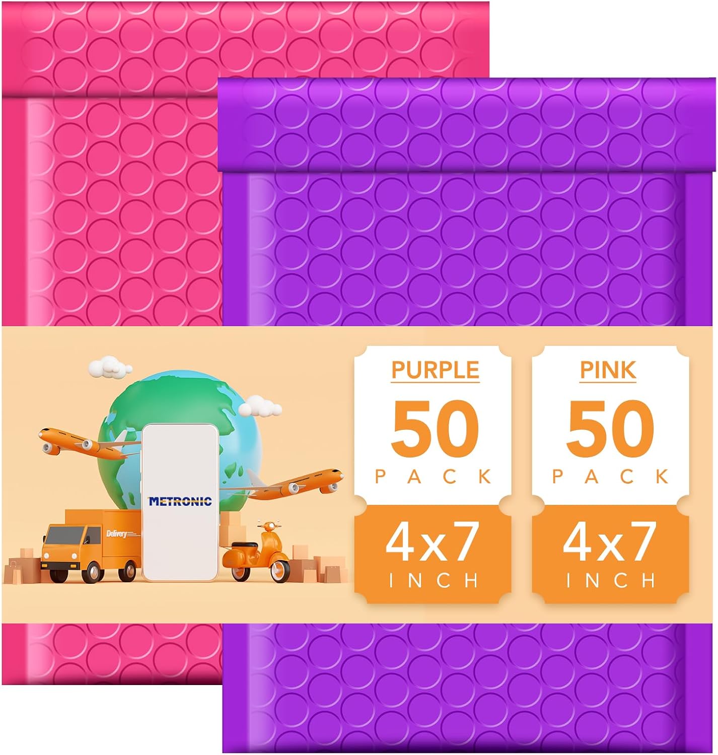 Amazon.com : Metronic 4x8 Inch Bubble Mailer 50 Pack, Pink/Pur-ple ...