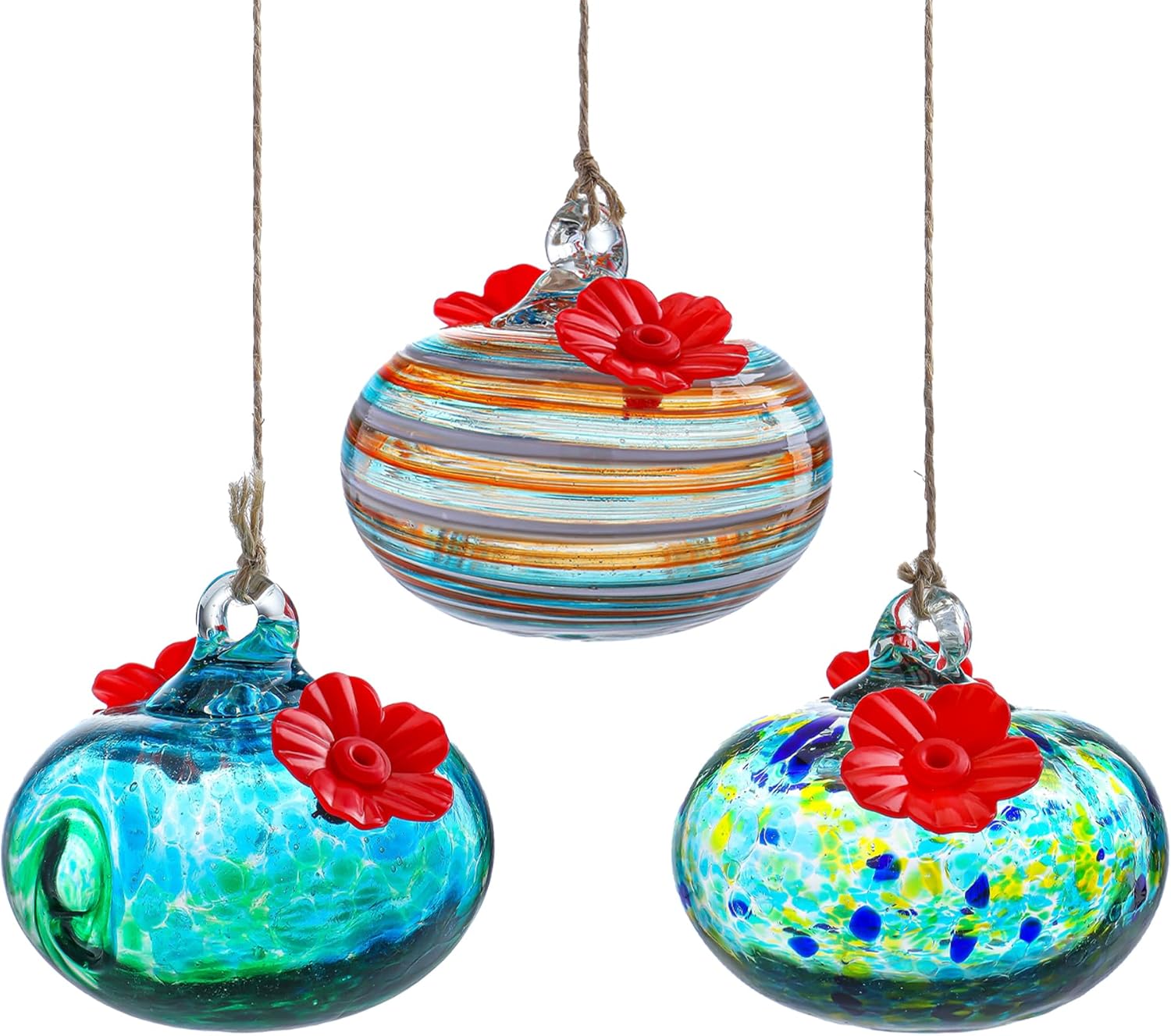 Amazon.com : 3 Blown Glass Hummingbird Feeders for Outdoors Bundle ...