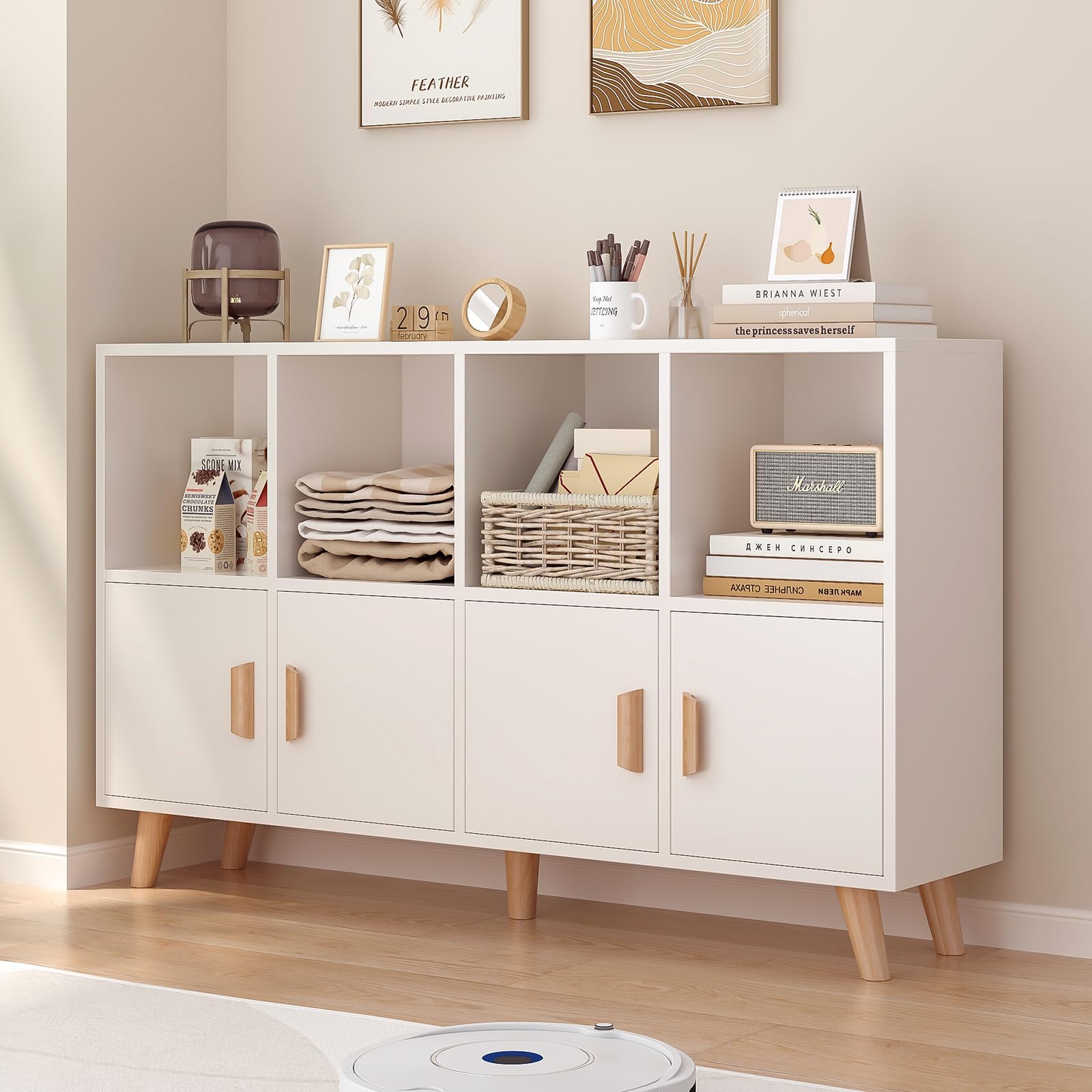Amazon.com: OSCHF Cubby Shelf Bookcase with Doors - Wooden 8 Cube Floor ...