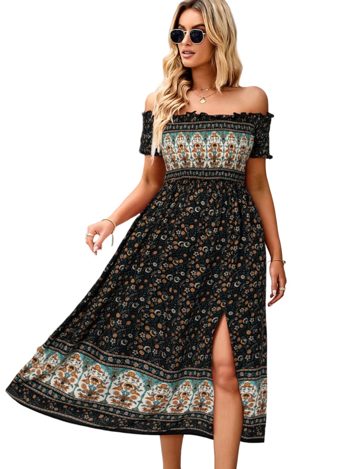 LARGE ROYUNA Women's Off The Shoulder Dresses Boho Flowy Smocked Maxi ...