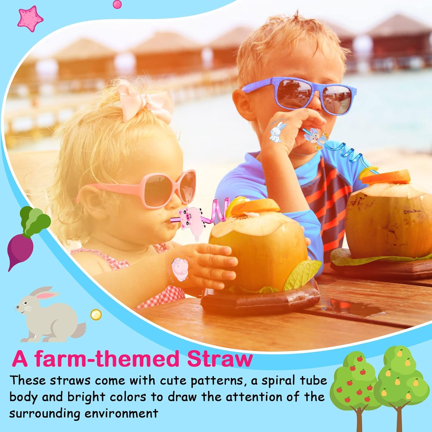 Pieces Farm Animals Straws Goodie Gifts, 6 Sheets Farm Animals Tattoos ...