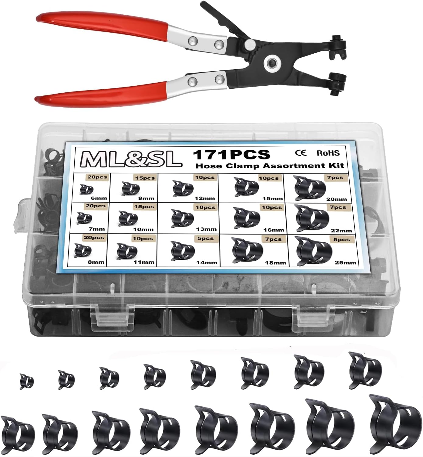 171Pcs 6-25mm Spring Band Hose Clamps With Swivel Flat Plier Assortment ...