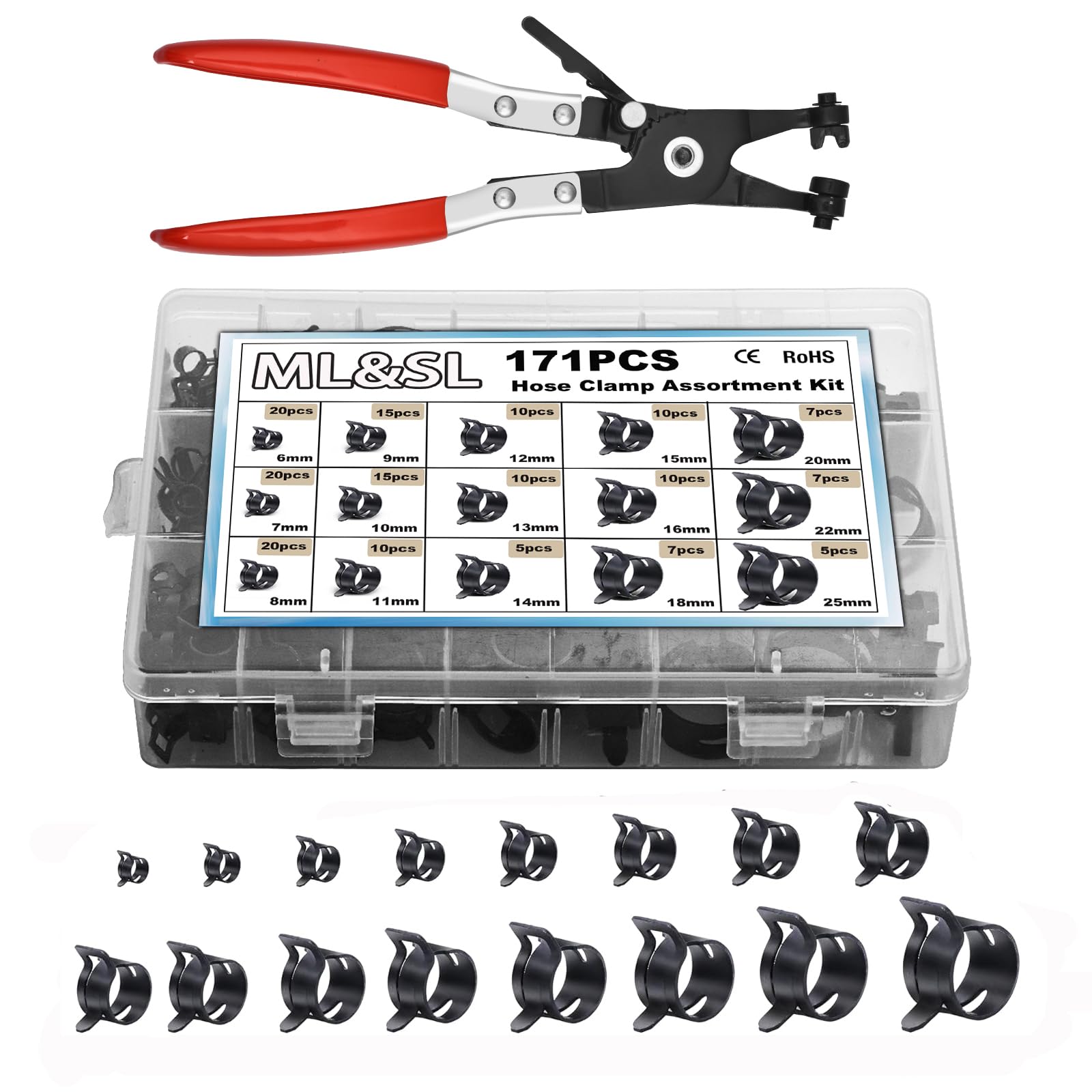 171Pcs 6-25mm Spring Band Hose Clamps With Swivel Flat Hose Clamp Plier ...