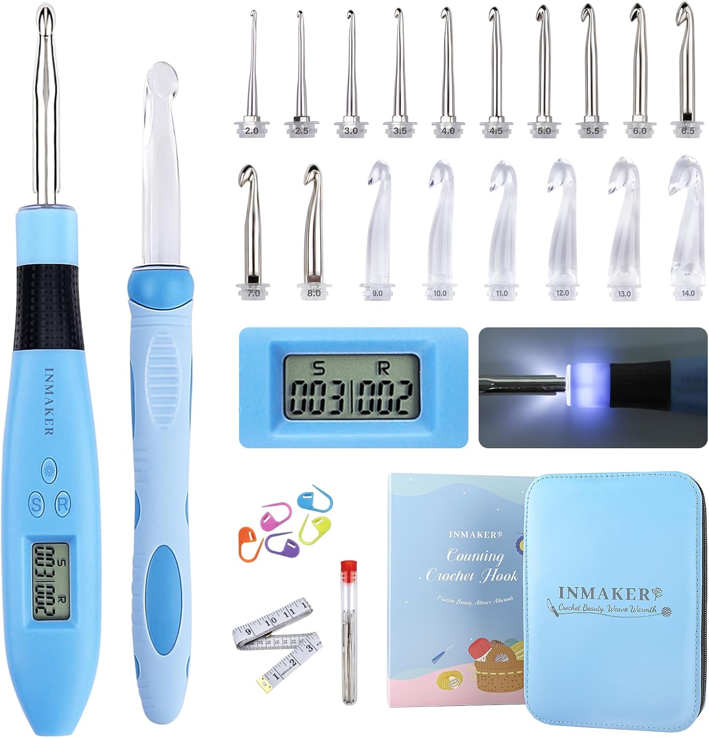 INMAKER Light up Crochet Hook Set Ergonomic, 18in1 Counting Crochet ...
