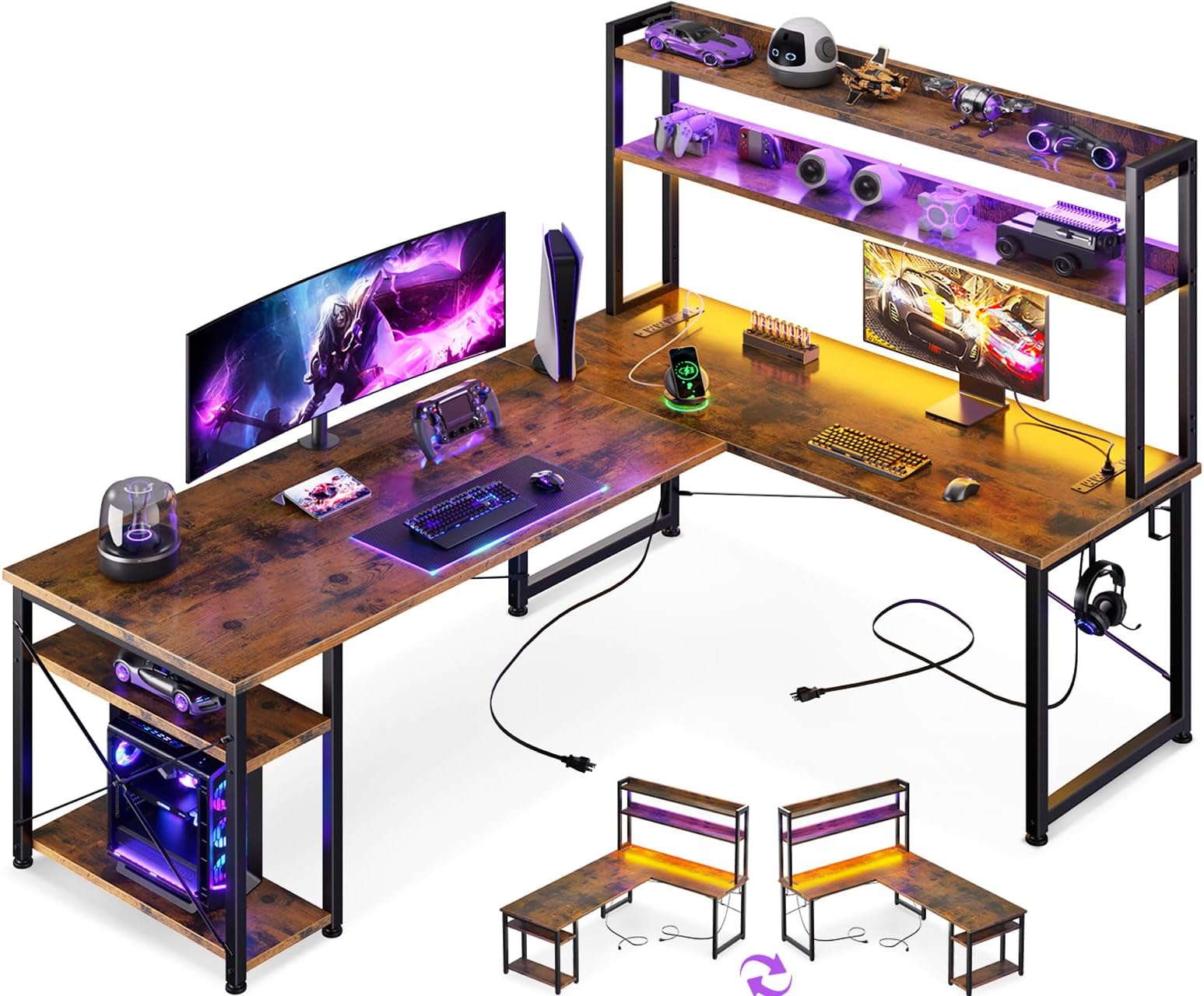 Amazon.com: ODK U Shaped Desk with Power Outlets & LED Strip & Monitor ...