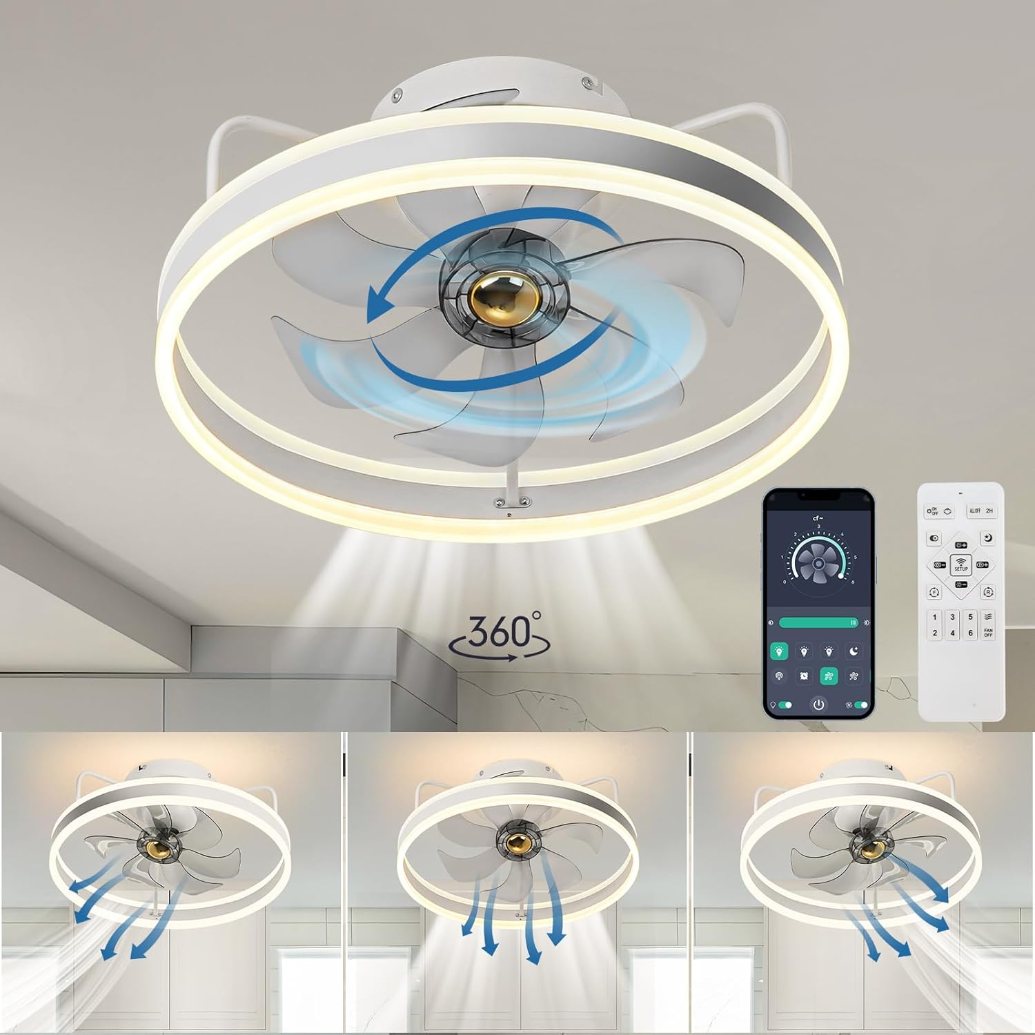 FCTWAKS Ceiling Fans with Lights, 20" Flush Mount Low Profile Bladeless ...