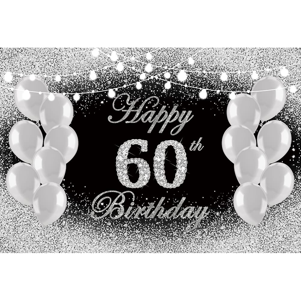Buy Happy 60th Birthday Backdrop 7x5ft Vinyl Silver and Black Glitter ...