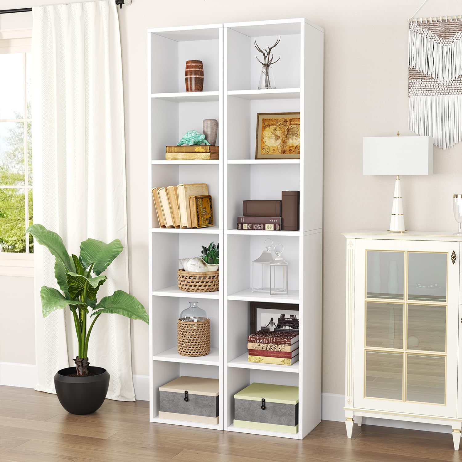 Amazon.com: oneinmil 71.5" Tall Narrow Bookshelf Set of 2, 6-Tier Cube ...