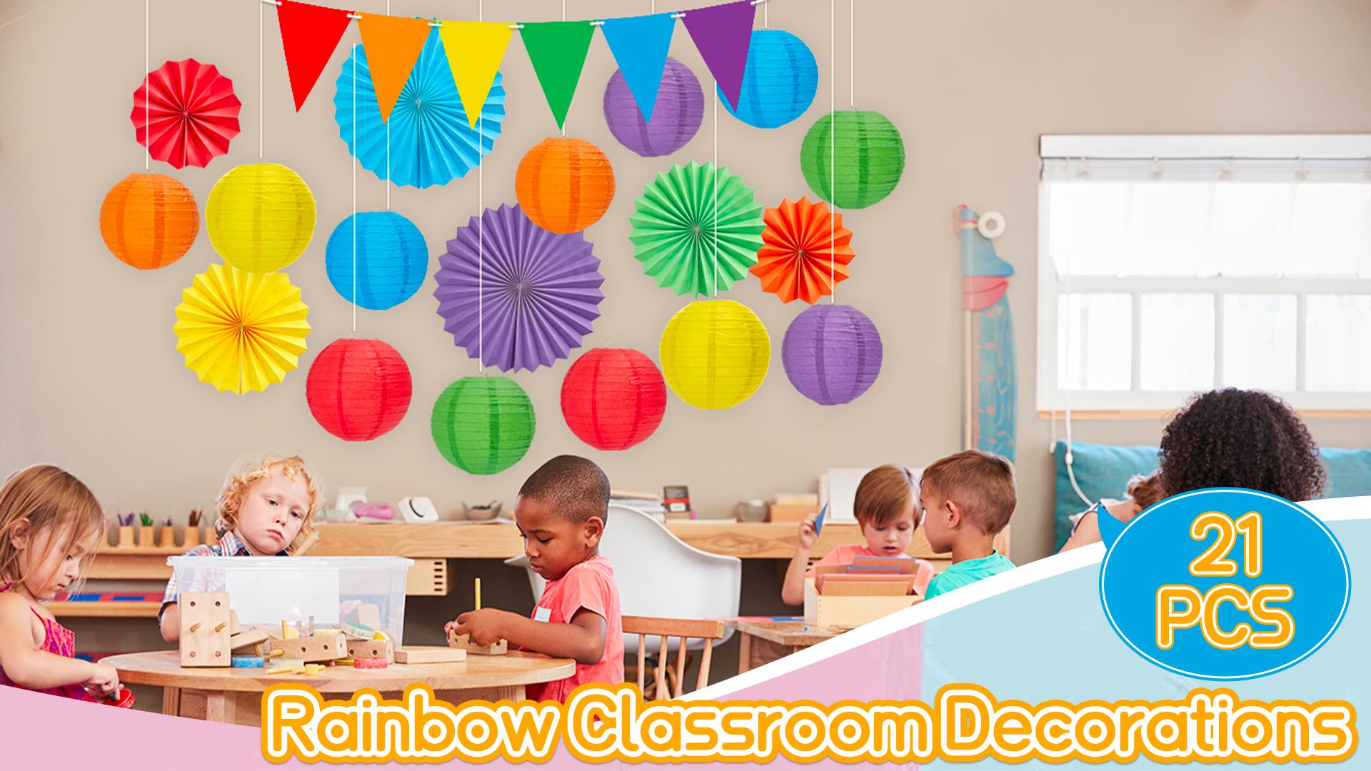 Hanging Paper Fans 21-Piece Rainbow Classroom Decor Set - Hanging Paper ...