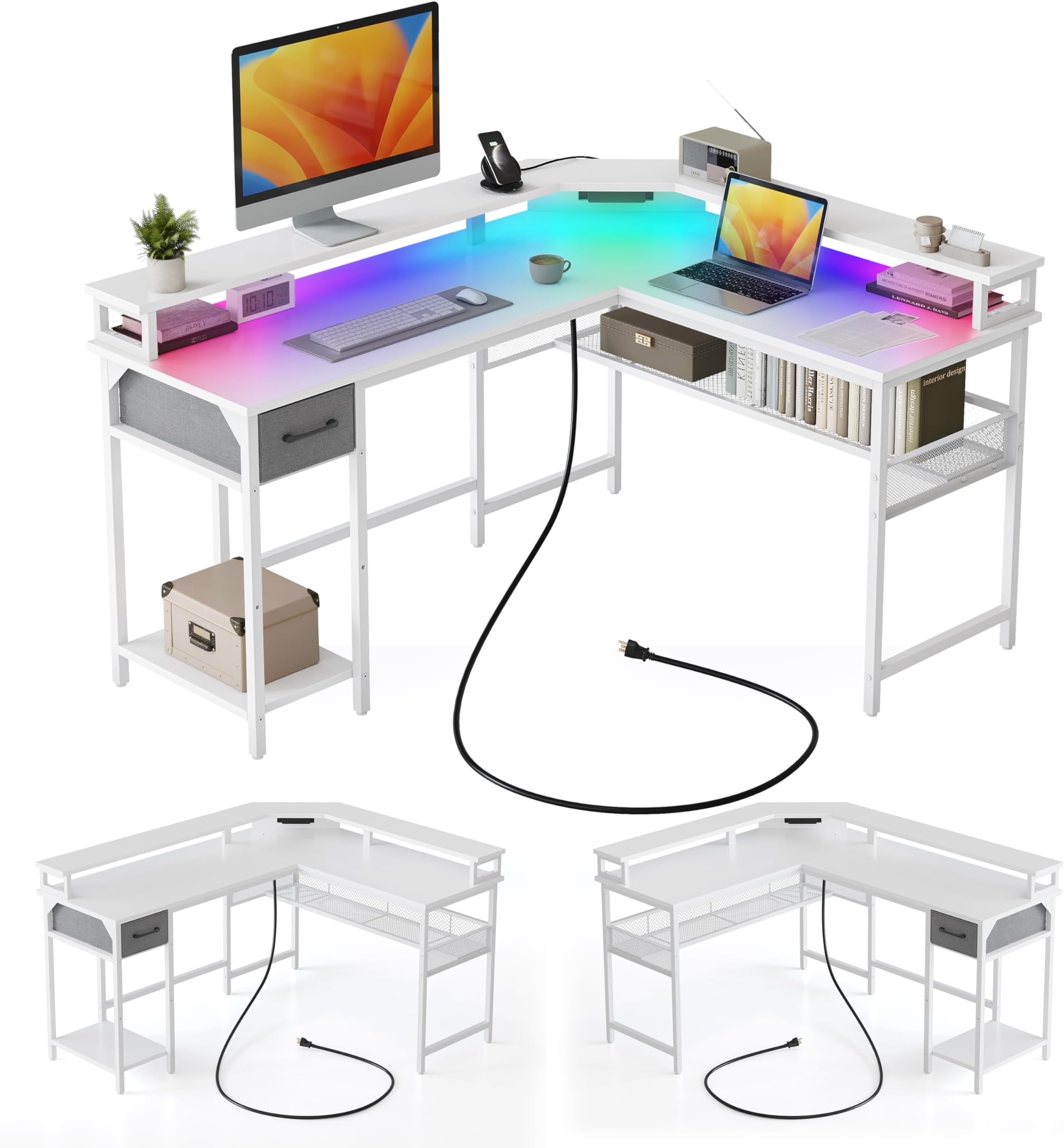 Amazon.com: SUPERJARE L Shaped Desk with Power Outlets, Computer Desk ...