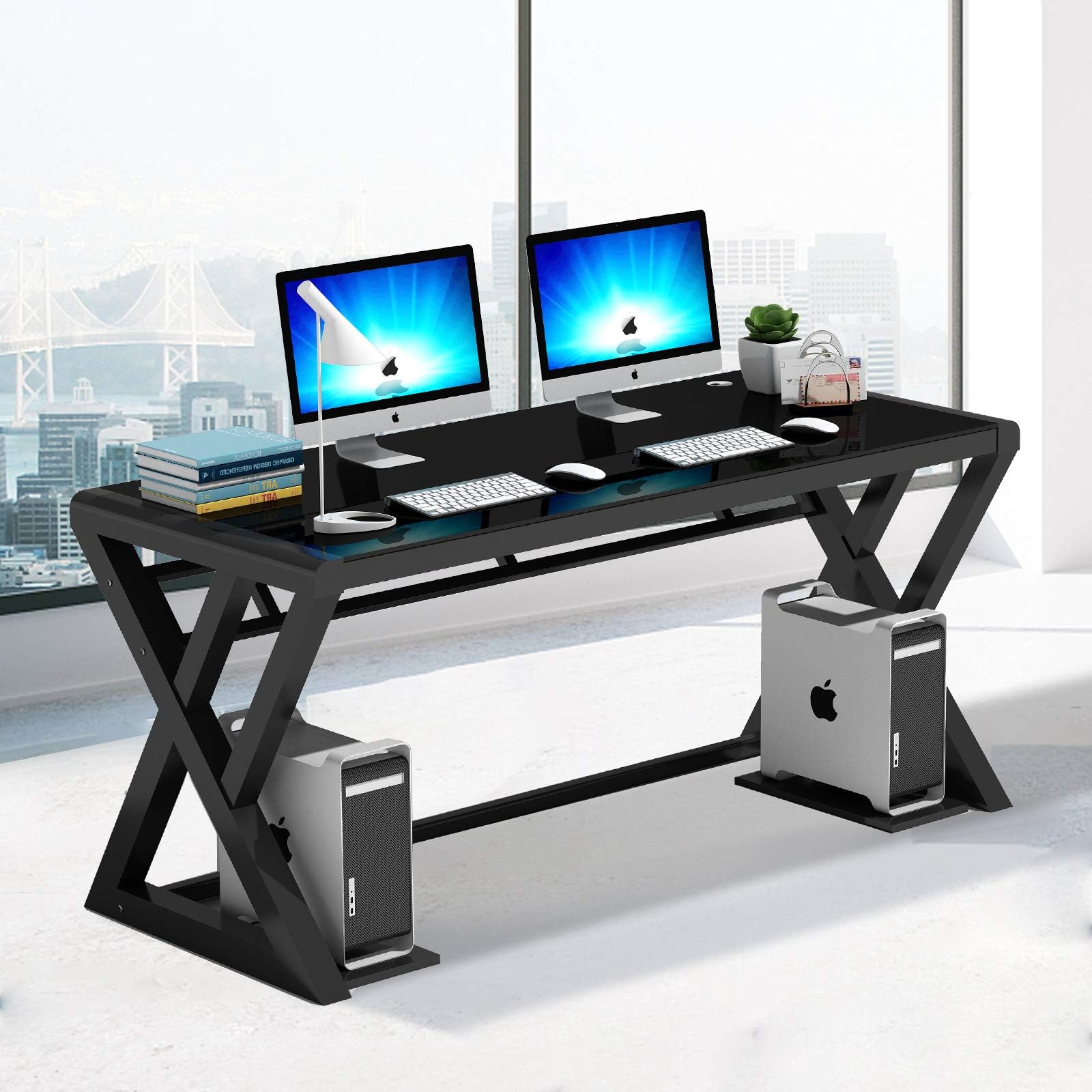Amazon.com: BINGTOO Computer Desk Glass Top Metal Frame, 55.1" Home ...