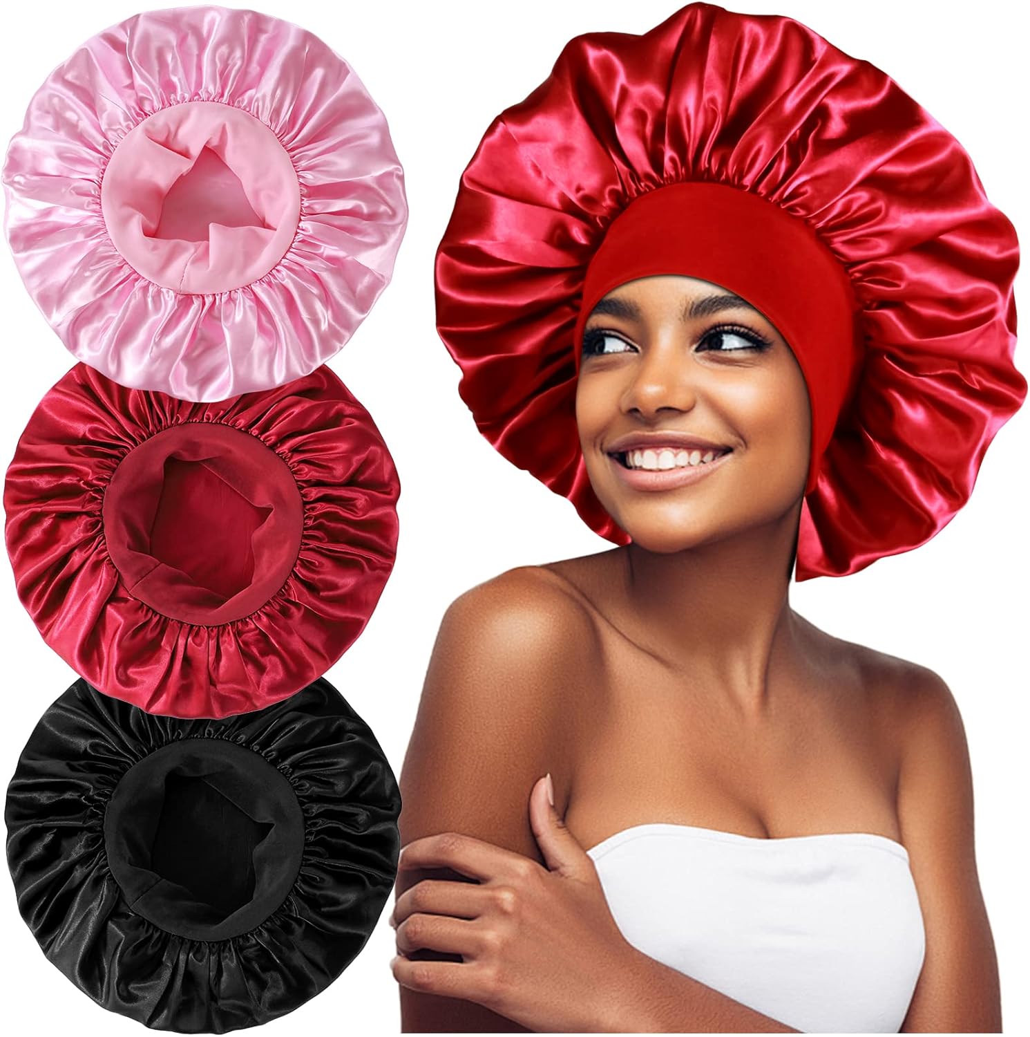 3PCS Extra Large Satin Bonnets for Sleeping, Hair Bonnets for Black ...