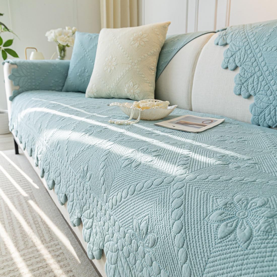 Amazon.com: vctops Farmhouse 100% Cotton Quilted Couch Cover Floral ...