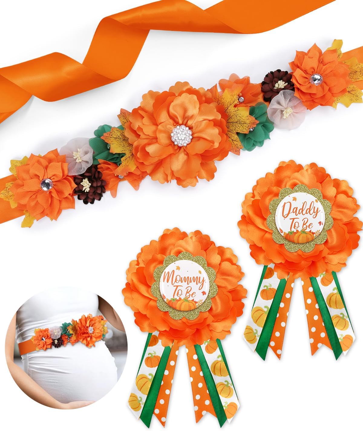 Amazon.com: Vansolinne Fall Pumpkin Maternity Sash Set - Mom to Be ...