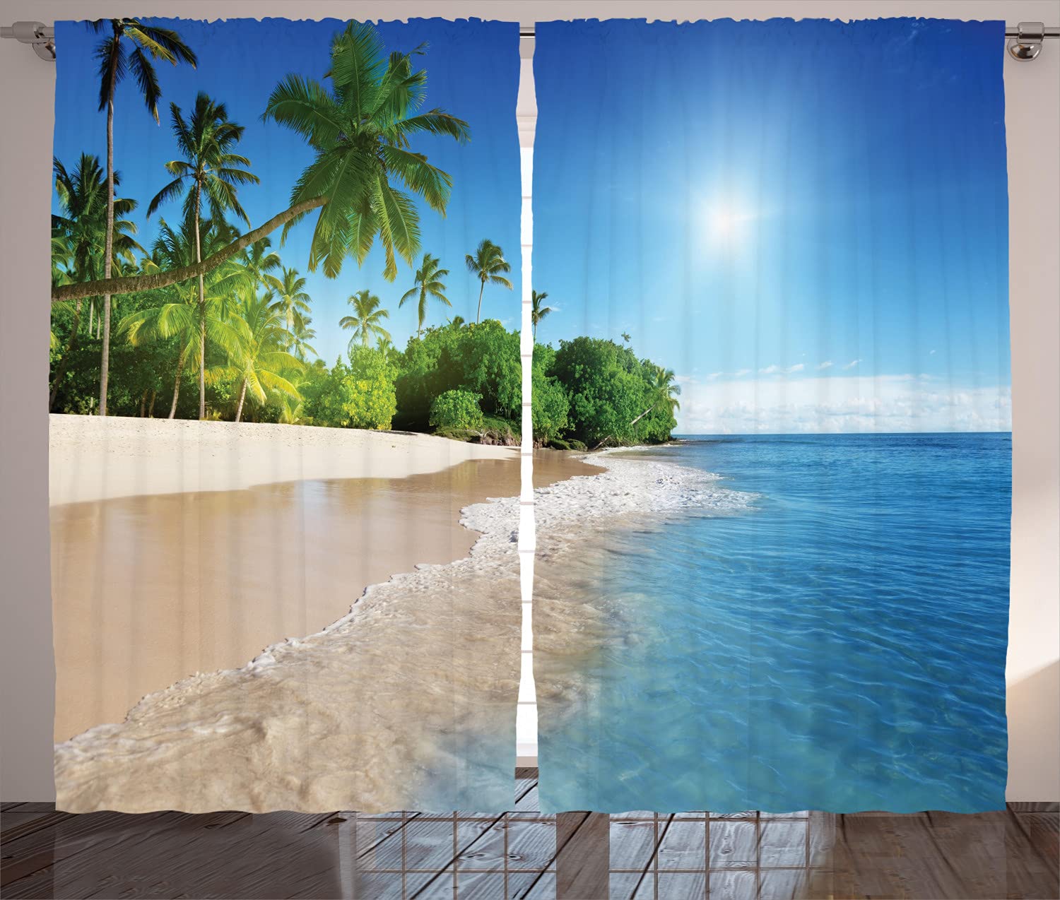 Amazon.com: Ambesonne Tropic Curtains, Ocean Tropical Palm Trees on ...