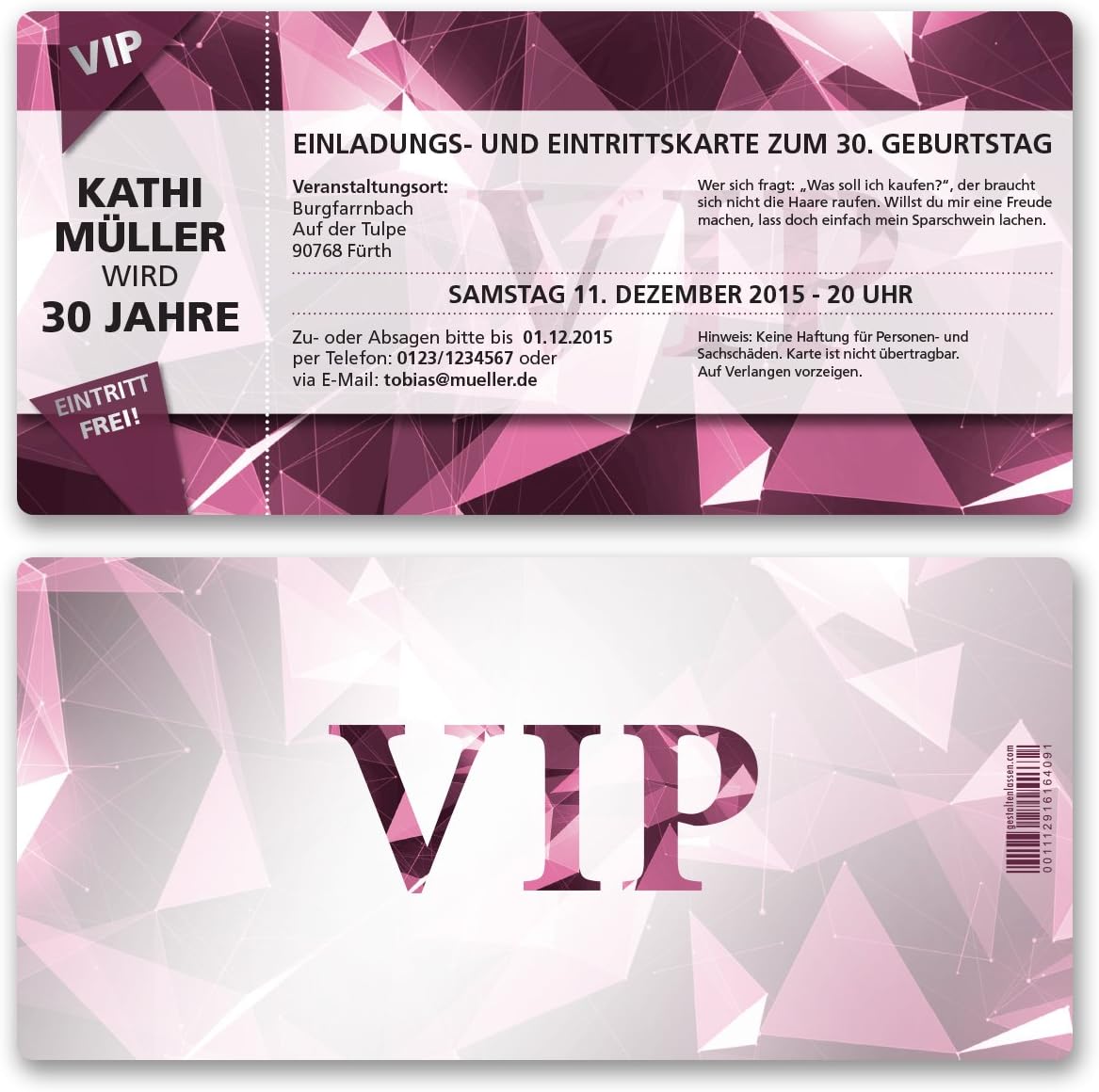 (20 x) Einladungskarten Geburtstag VIP Party Edel Pink Lila Ticket ...