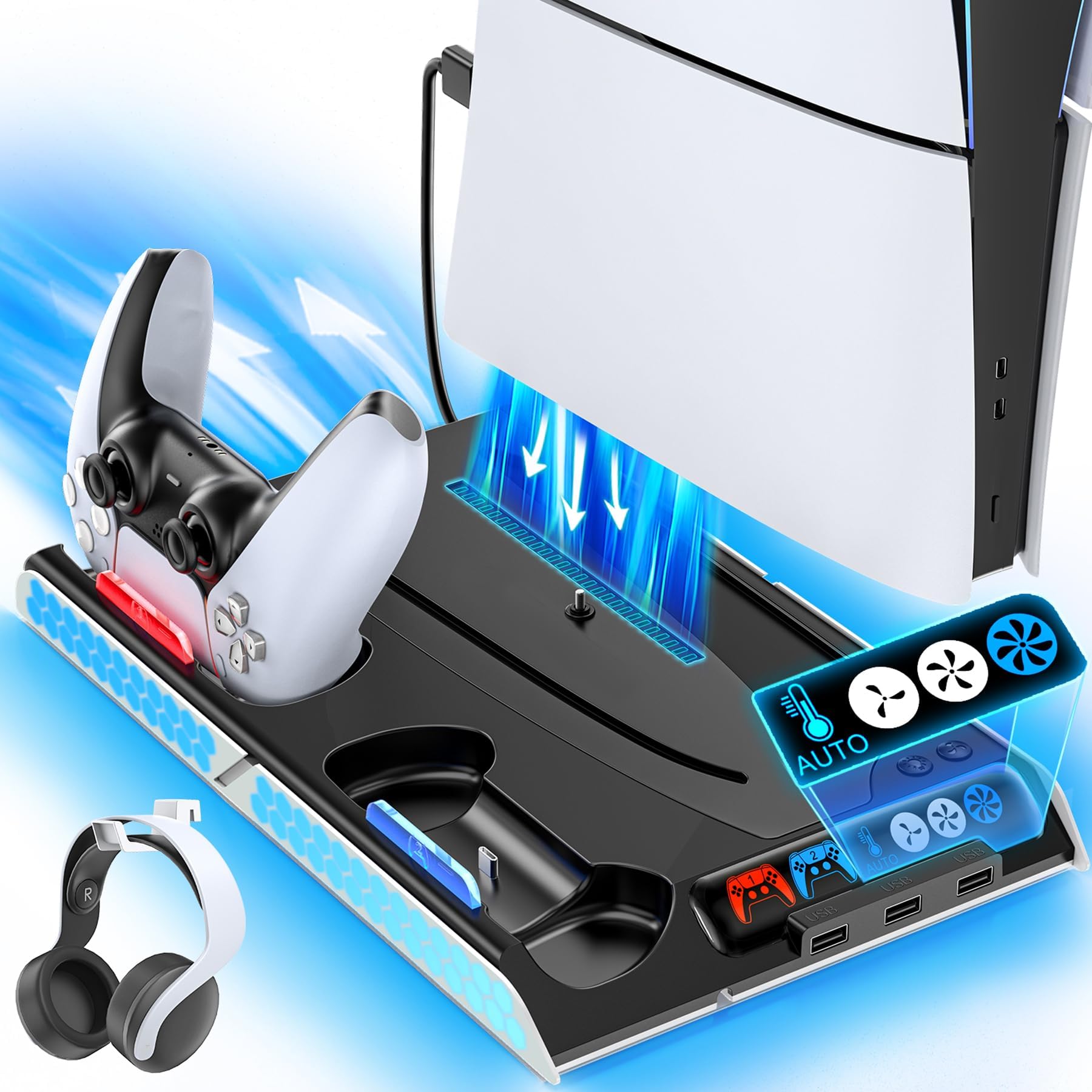 DinoFire PS5 Ständer mit PS5 Lüfter, PS5 Standfuß für PS5 Disc/Digital ...
