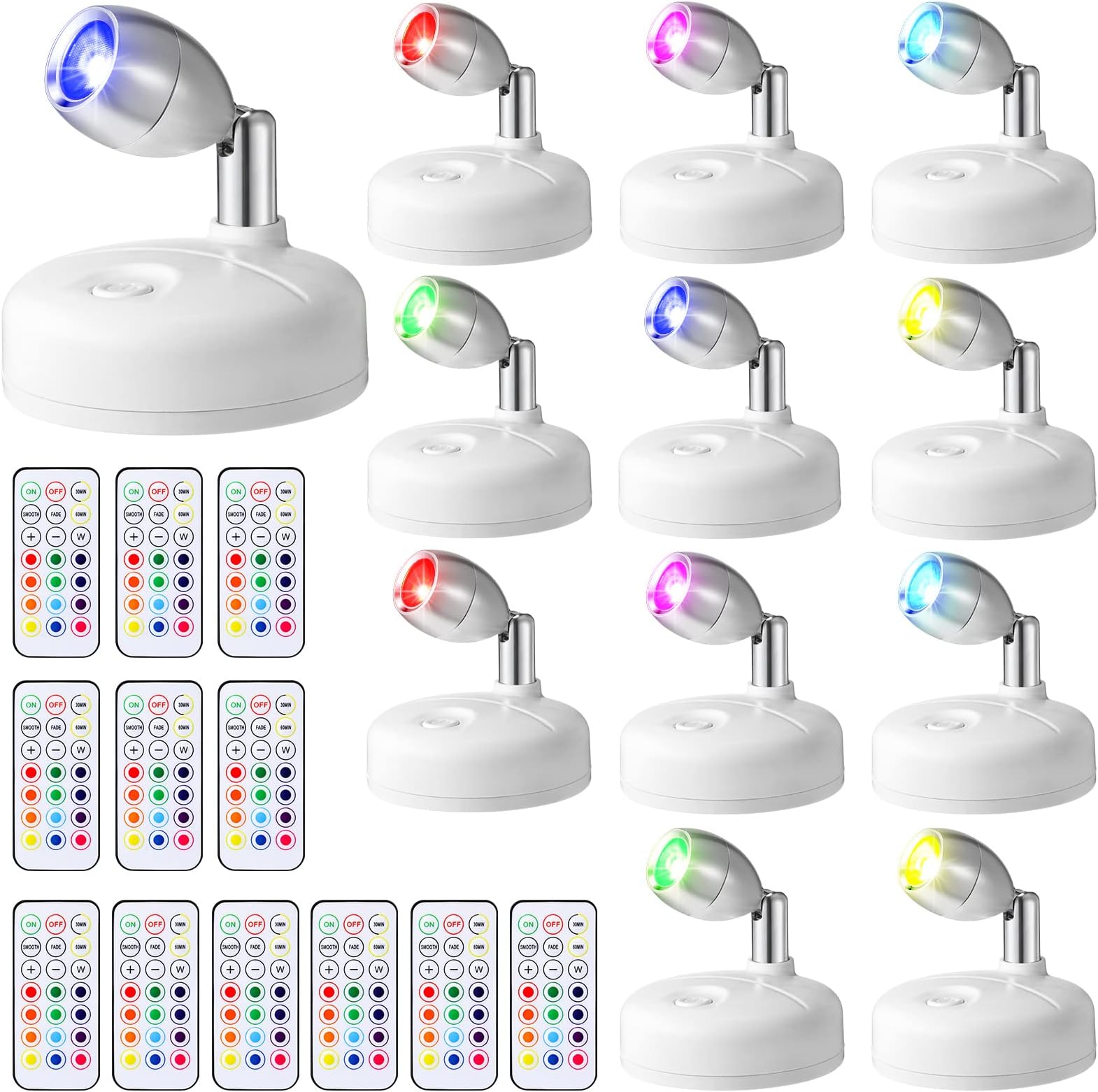 Tuanse 12 Pcs Battery Operated Accent Lights RGB LED Spotlight Indoor ...