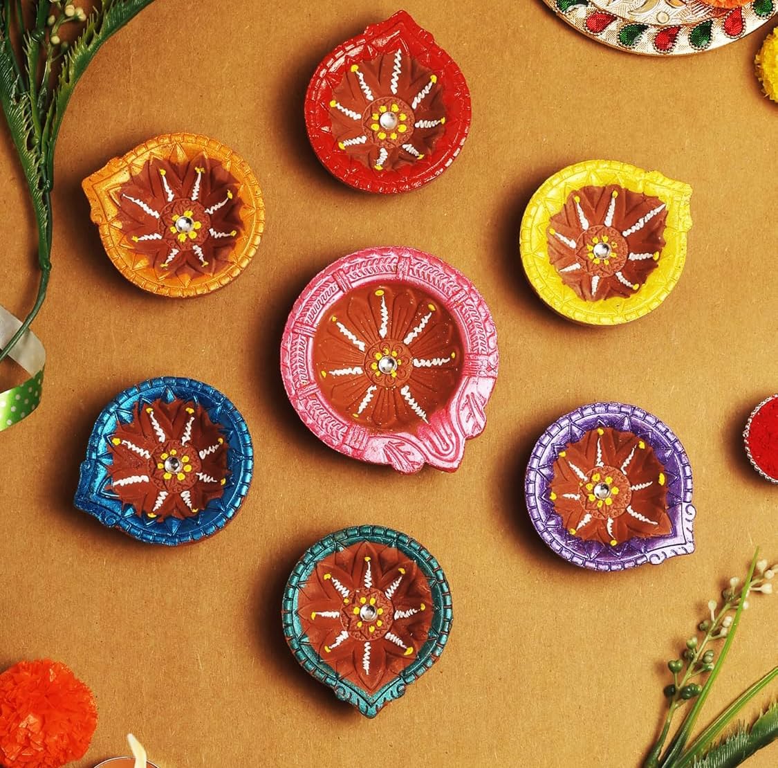 Handmade Terracotta Set of 7 Multicolor Clay Diya for Diwali/Navratri ...