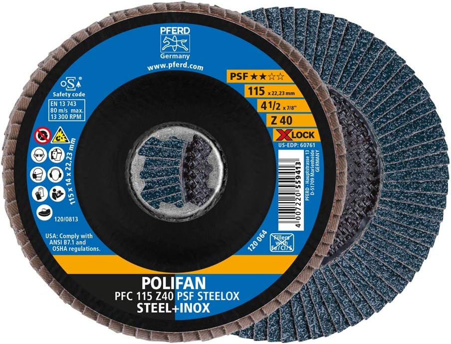 PFERD Disco de láminas Polifan, 10 unidades, 115 mm, Z40, X-Lock (22,23 mm), PSF STEELOX ...