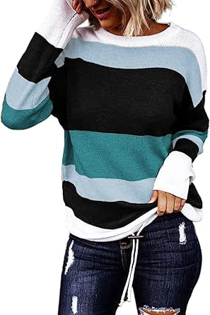 Amazon.com: Paitluc Striped Sweater Women's Round Neck Long Sleeve ...