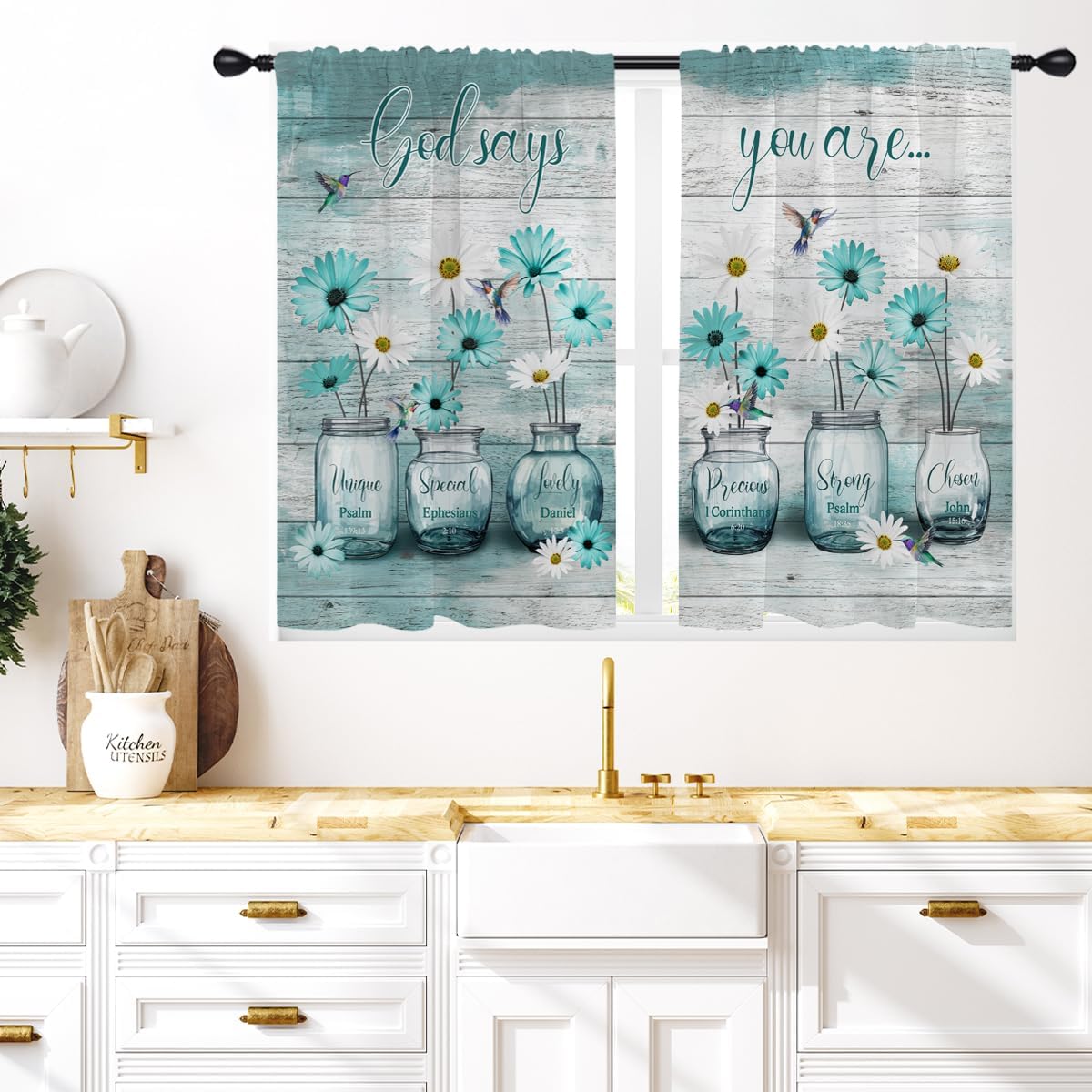 Amazon.com: AAtter Teal Floral Kitchen Curtains Valance and Tiers Set 3 ...
