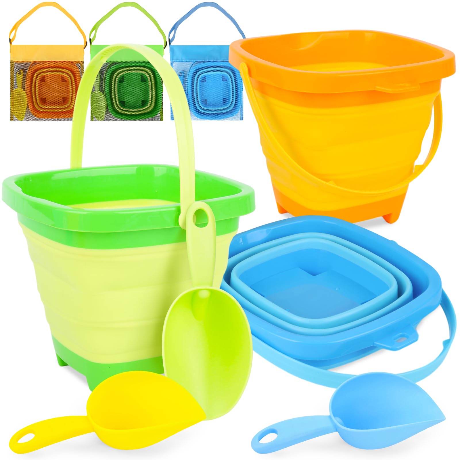 FUTUREPLUSX 9PCS Collapsible Beach Bucket Set, Colorful Sand Bucket and ...