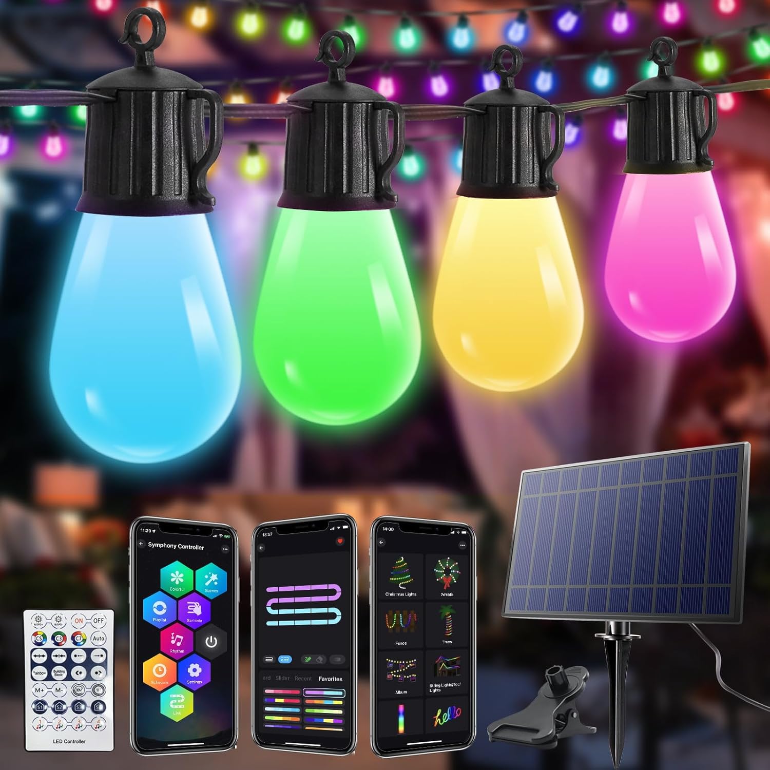 Solar String Lights RGB App Remote Control, 50FT Smart Solar Powered ...