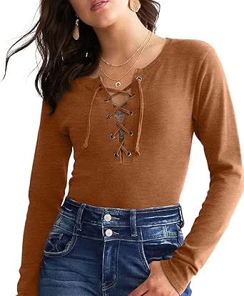 Anbech Women's Lace Up Front Tops Sexy V Neck Drawstring Blouse Solid ...