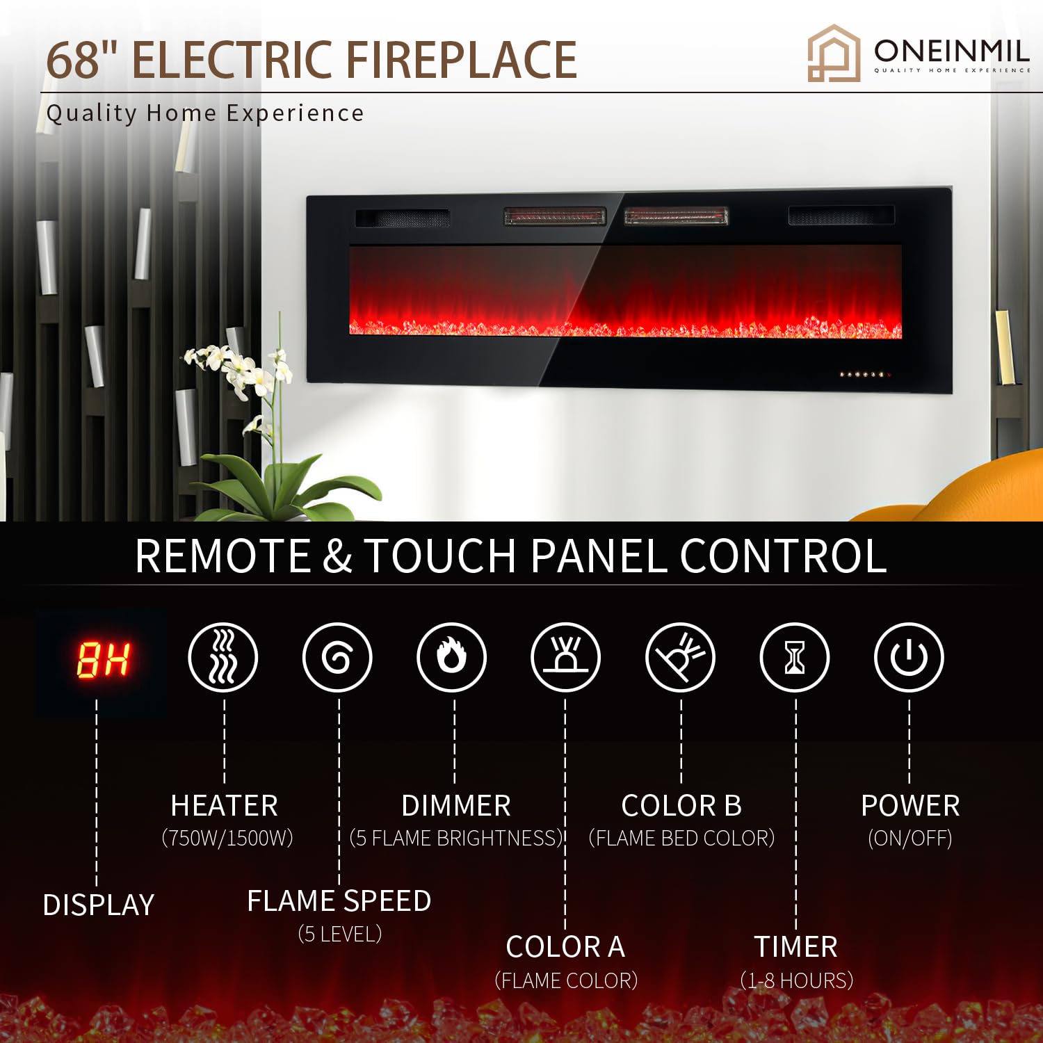 Snapklik.com : Oneinmil Electric Fireplace, 68 Inch Wide Recessed/Wall ...