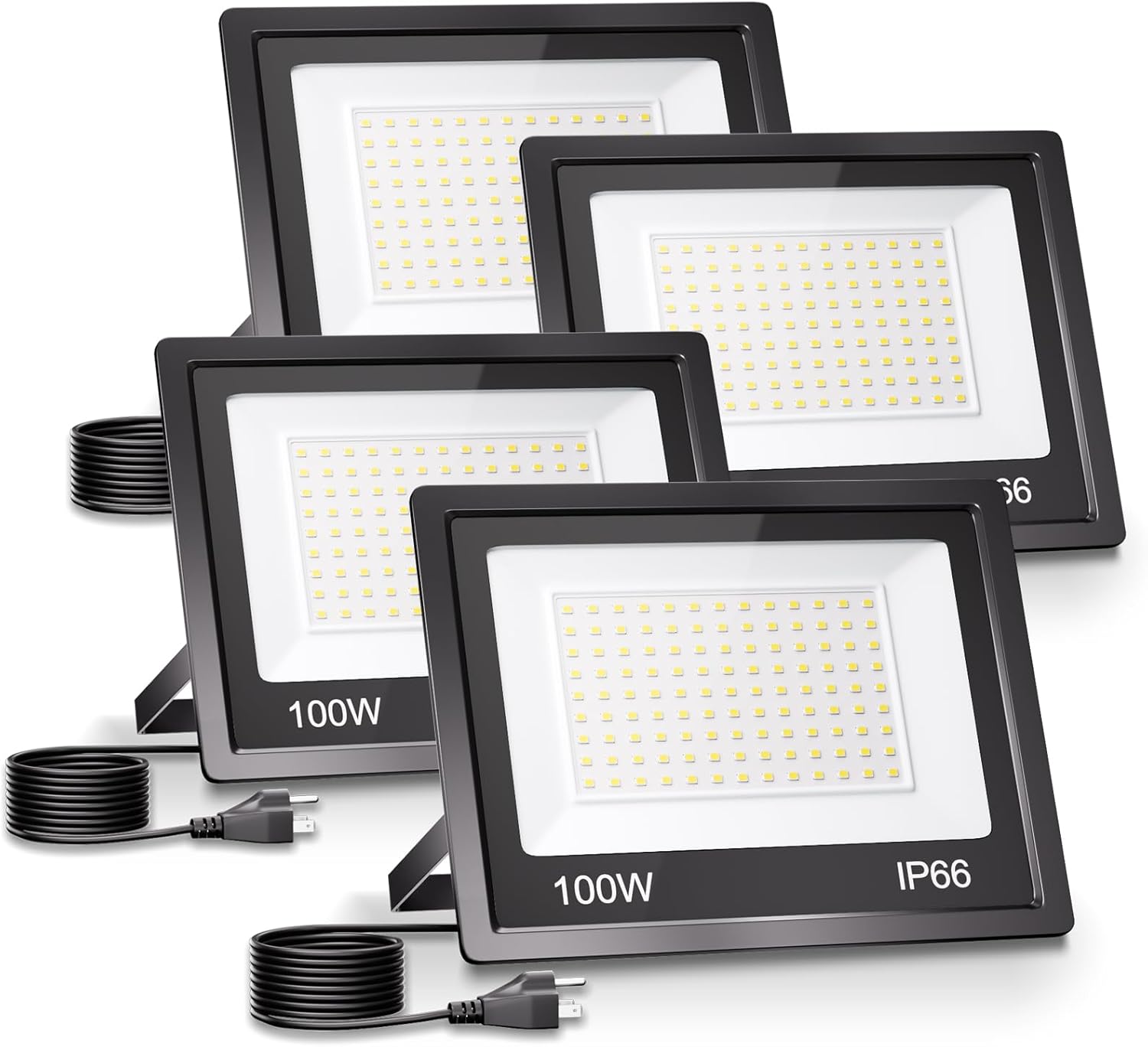 4 Pack 100W LED Flood Light Outdoor with Plug, IP66 Waterproof Exterior ...