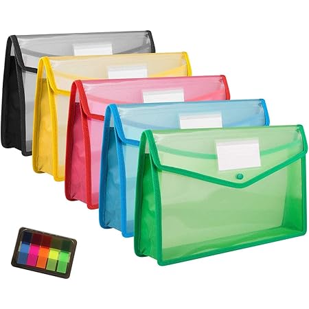 Amazon | ファイルケース,Pranski ボタン式 5個セット 5色 A4ファイル袋 大容量 プラスチック透明 防水 オシャレ 可愛い ...