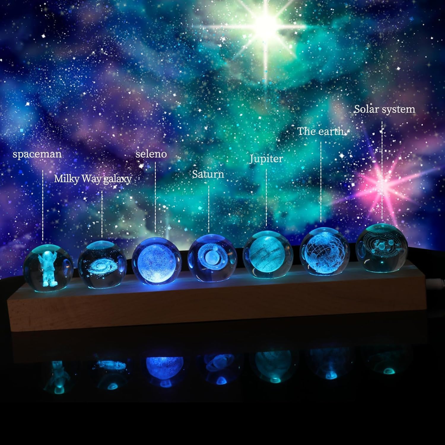3D Crystal Ball with Solar System model and LED lamp Base, Clear 80mm ...