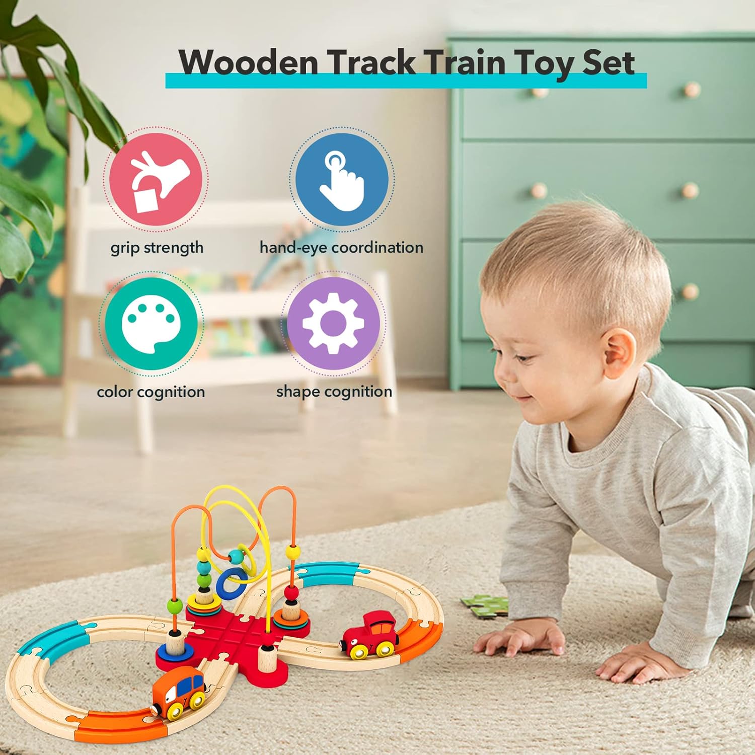 Wooden Train Set with Bead Maze – Track Set, Educational Toys for Ages ...