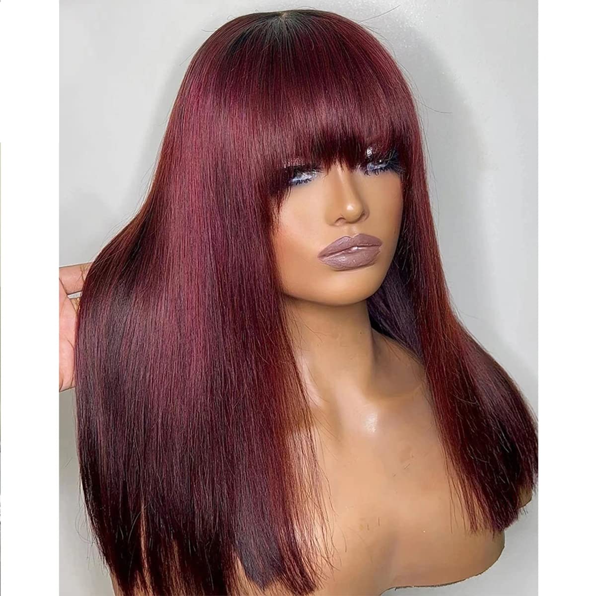 Amazon.com : Burgundy Wig Human Hair Red Wigs with Bangs Brazilian ...