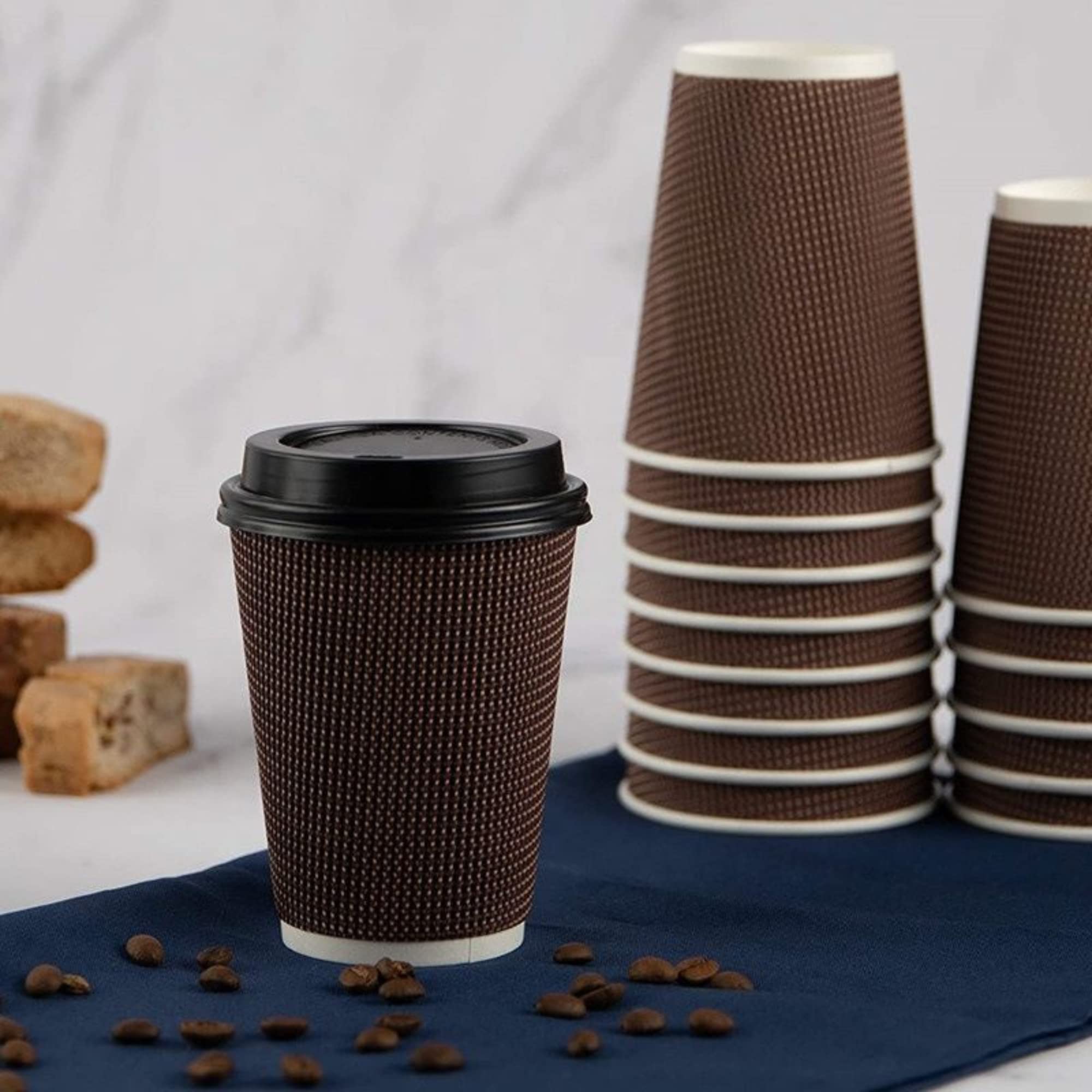 25 Pack Ripple Hot Cups with Lids | 12 oz Triple Wall Insulated Coffee ...