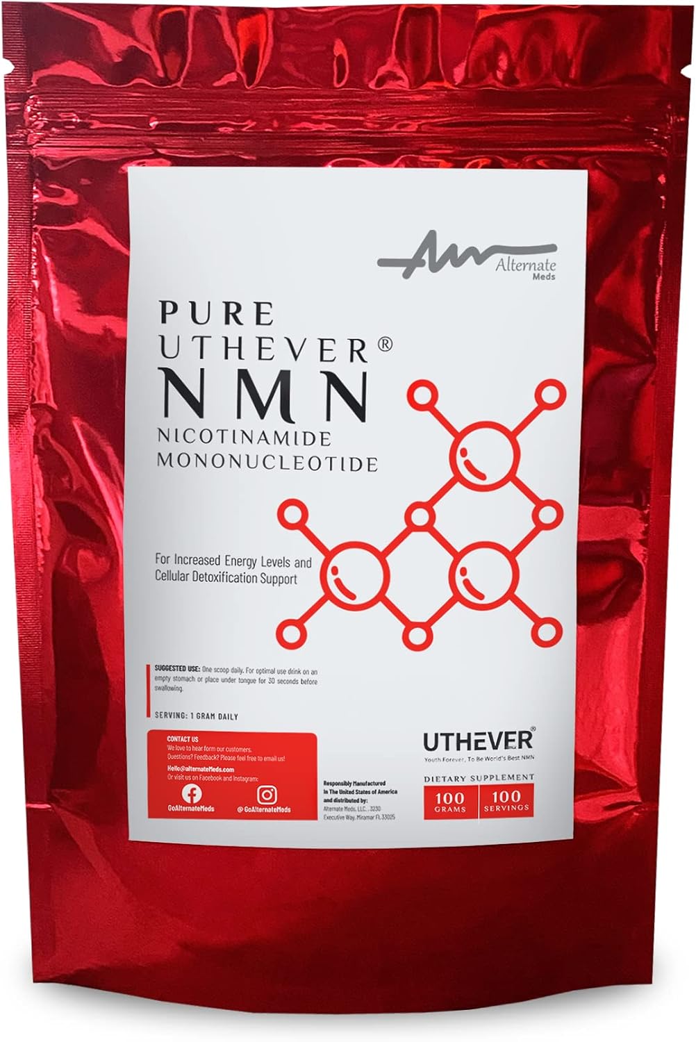 Pure Uthever® NMN Advanced 100 Grams Bulk Powder: 99+% Certified Ultra Pure, Stabilized ...