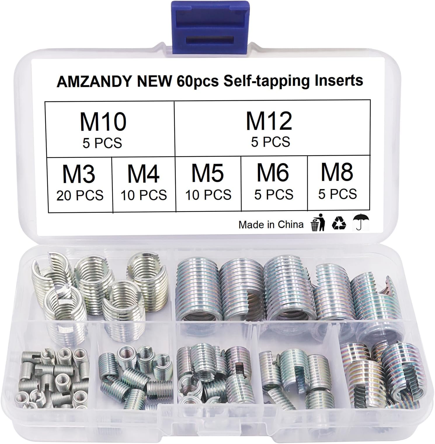 ANDYNEW Lot de 60 inserts filetés M3 M4 M5 M6 M8 M10 M12 filetage ...