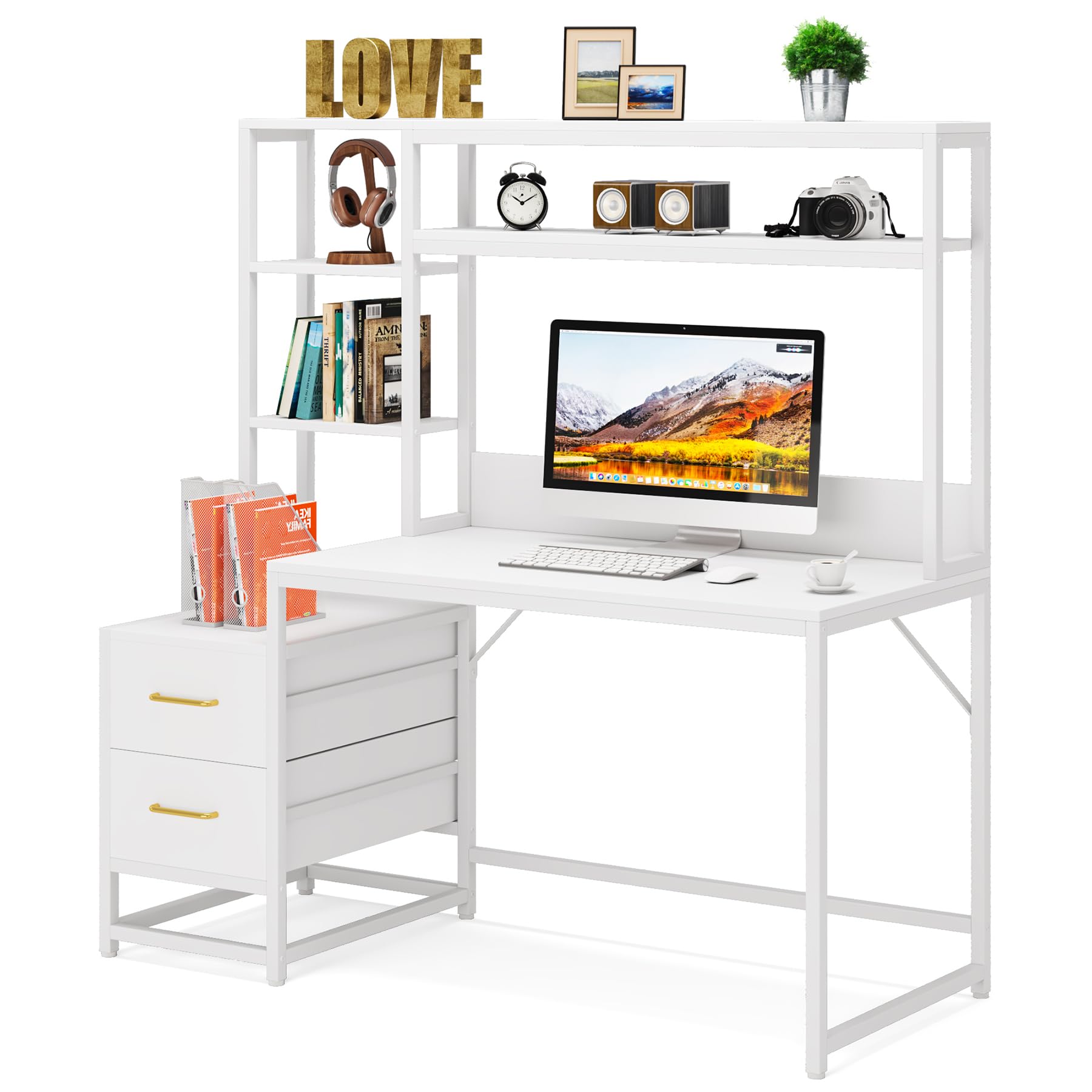 Amazon.com: LITTLE TREE Computer Desk with Drawers and Hutch, Rustic ...