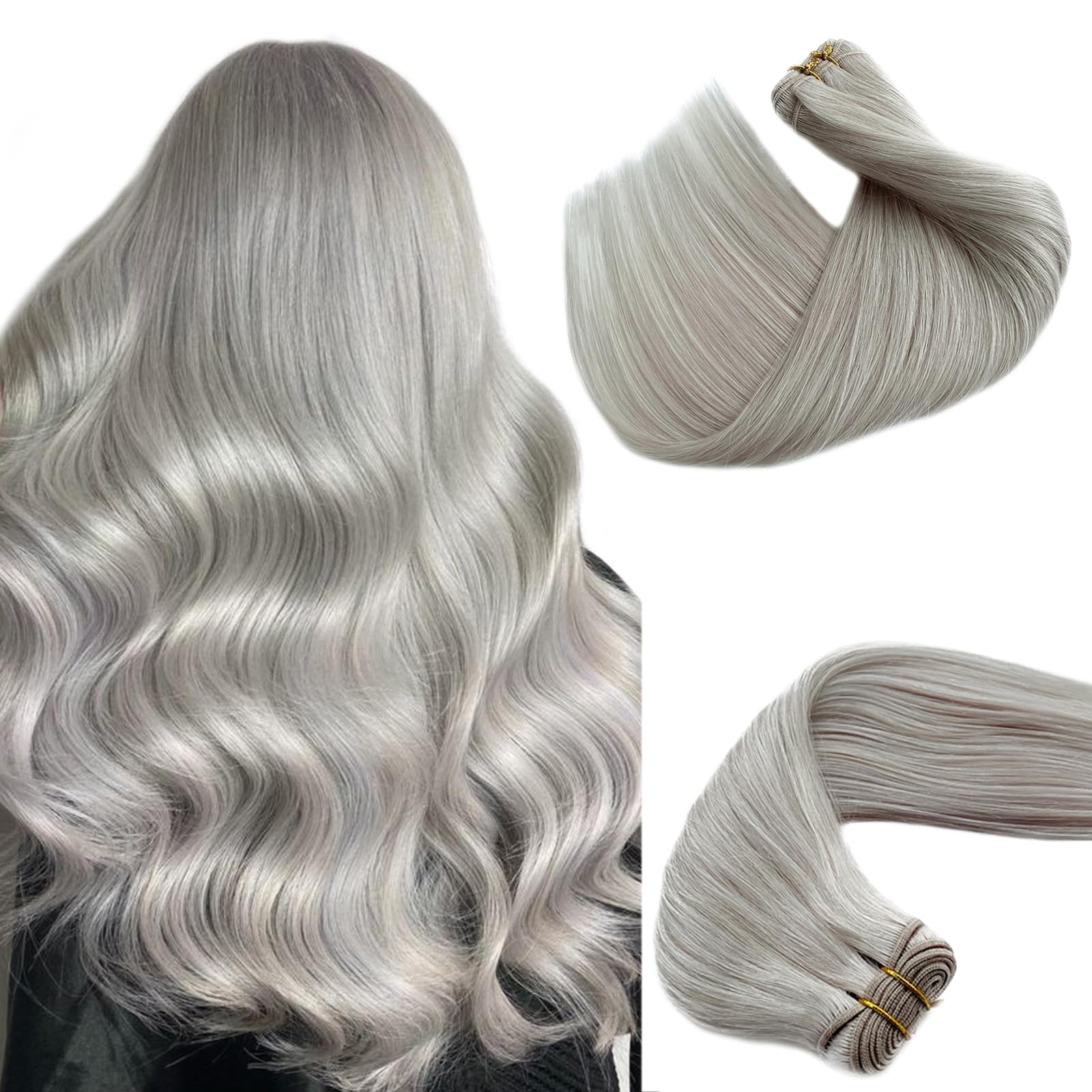 Amazon.com : Benafee Weft Hair Extensions Real Human Hair Sew in Bundles Platinum Silver Sew in ...