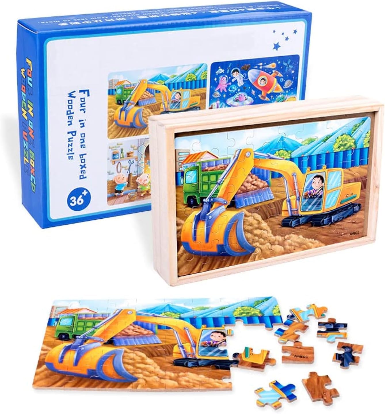 Vehicles 4-in-1 Wooden Jigsaw Puzzles in a Storage Box (12,24,36,48 ...